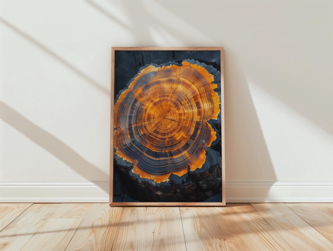 Burnt Wood Cross Section Art Print, Rustic Orange Black Tree Ring Decor ...