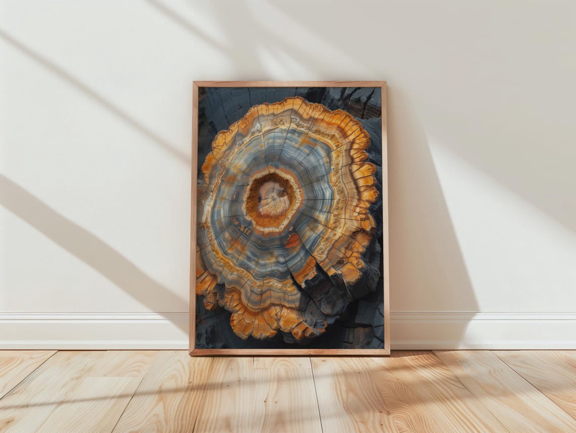 Burnt Wood Slice Art Orange Gray Poster Rustic Living Room Decor ...