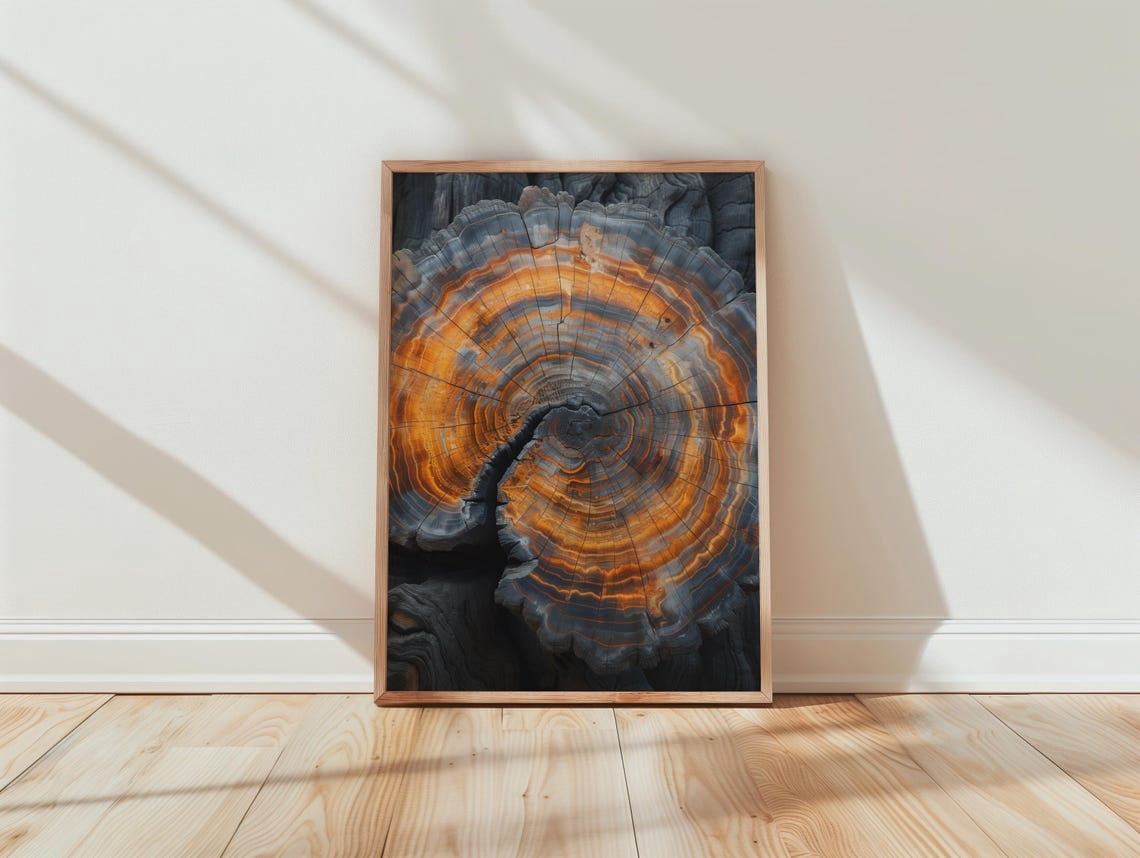 Burnt Wood Tree Ring Rustic Orange Charcoal Nature Decor, Stretched ...