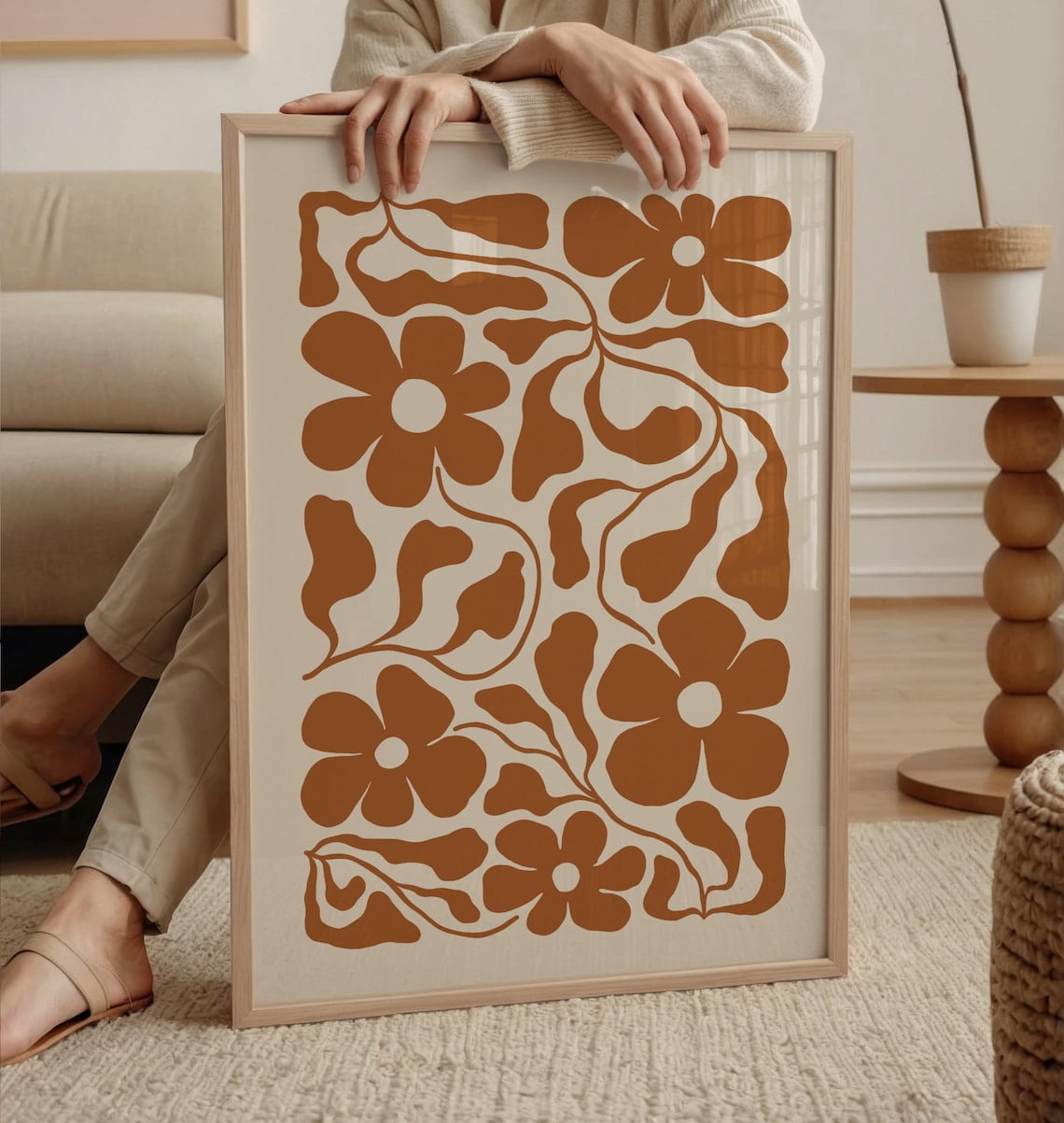 Burnt orange floral Poster modern abstract terracotta flowers mid ...