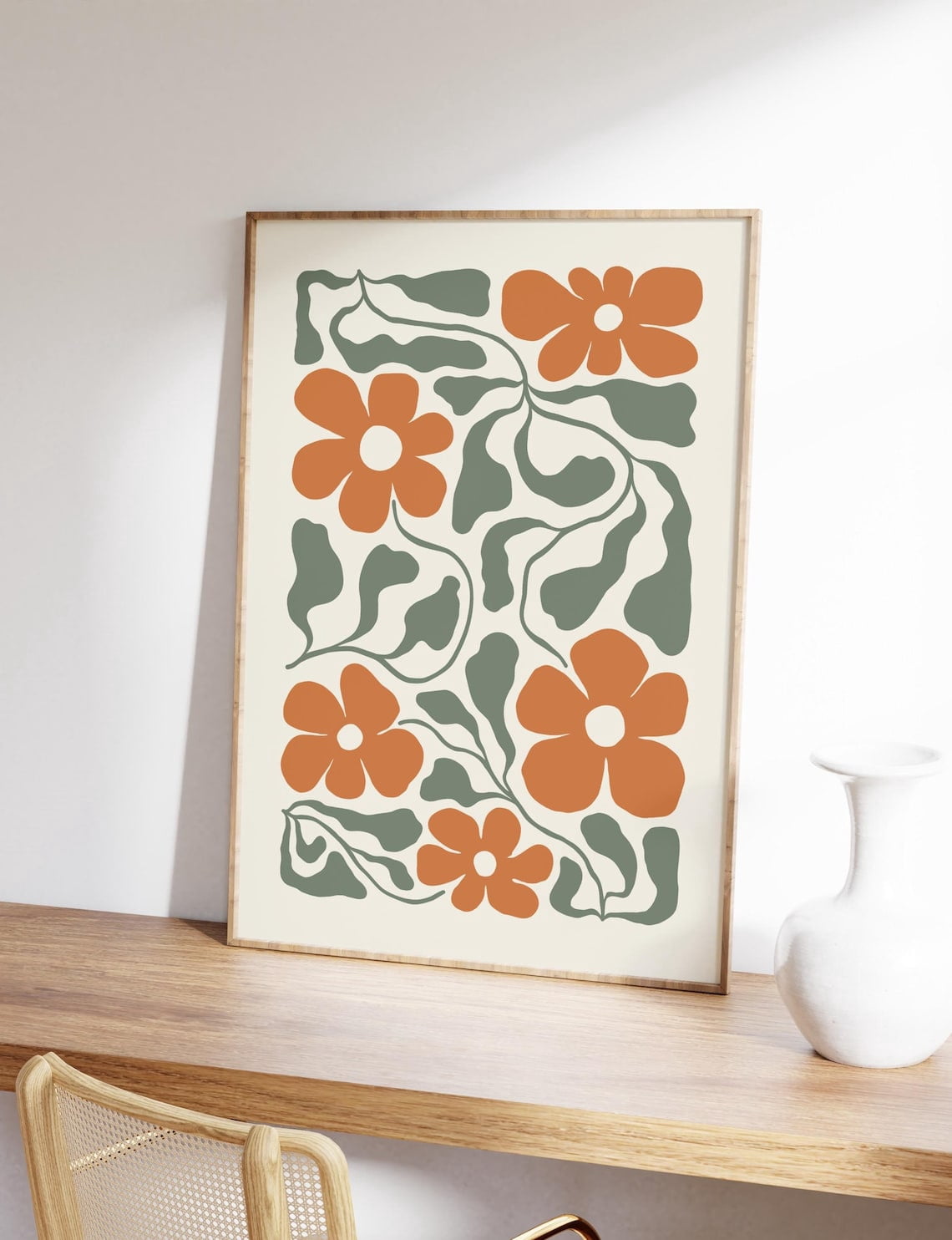 Burnt orange green flower Poster boho abstract terracotta floral retro ...