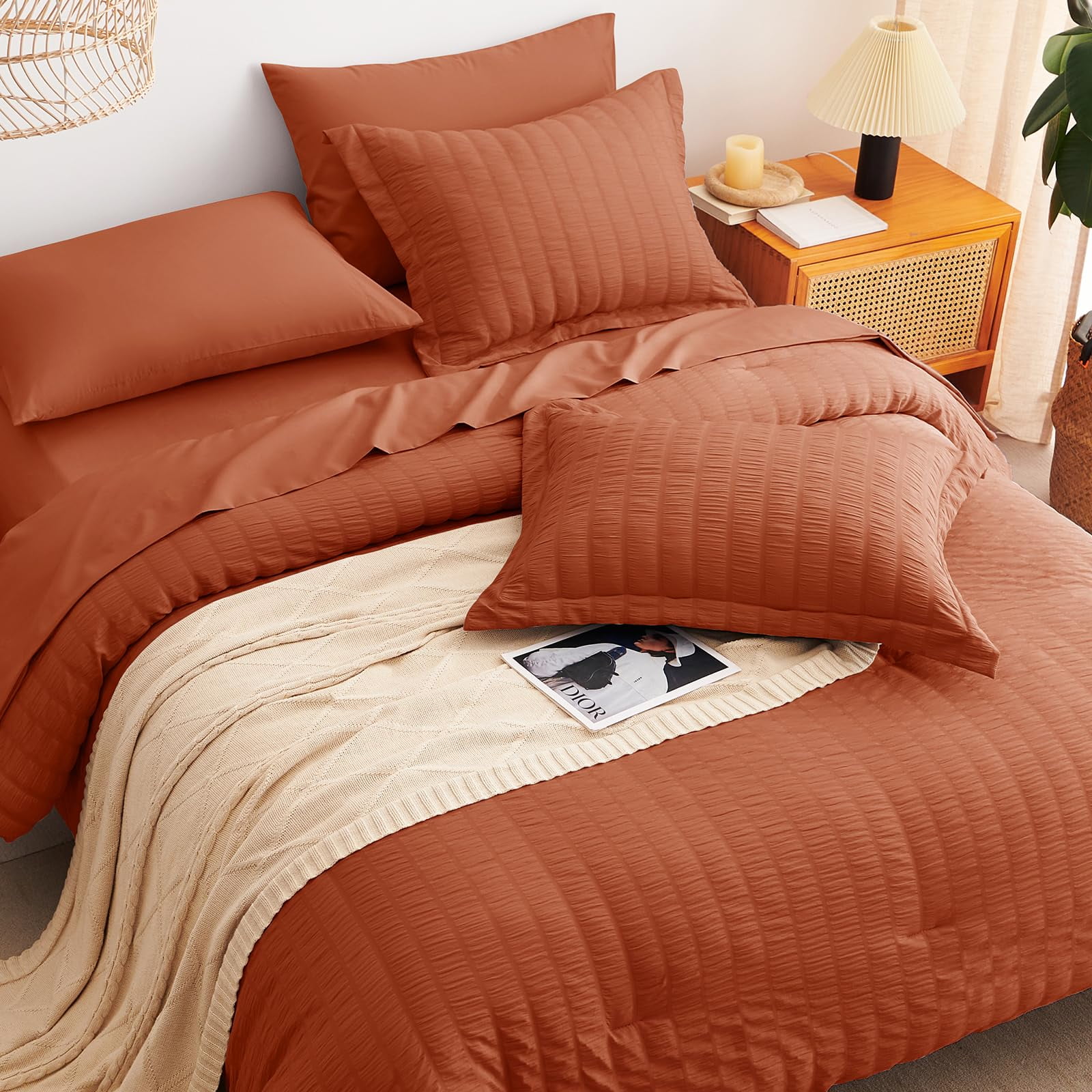 Burnt orange quilt set with sheets - 7-piece bohemian tassel bed-in-a ...