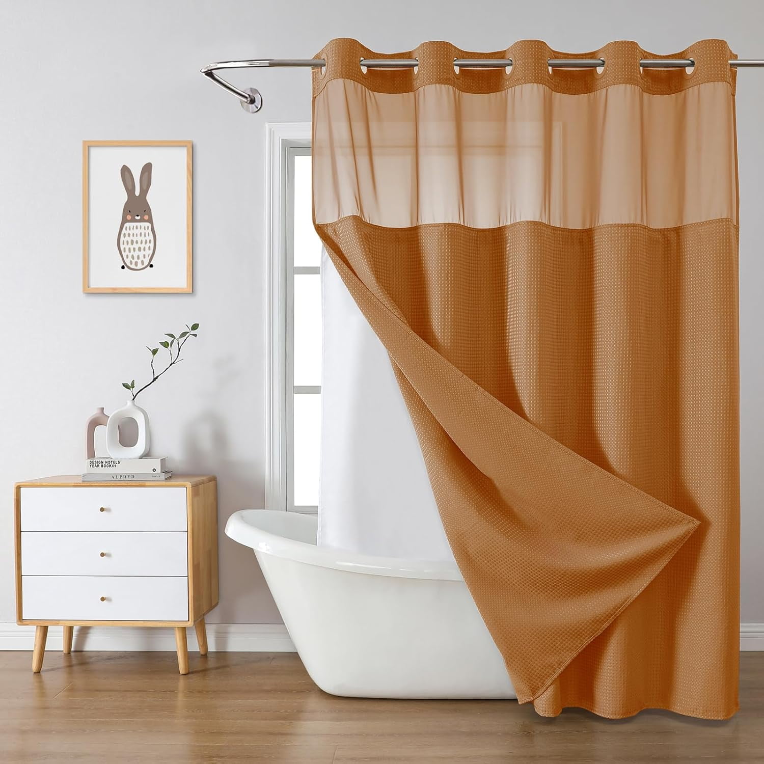 BurntOrange No Hook Waffle Weave Shower Curtain with snap-in Liner ...
