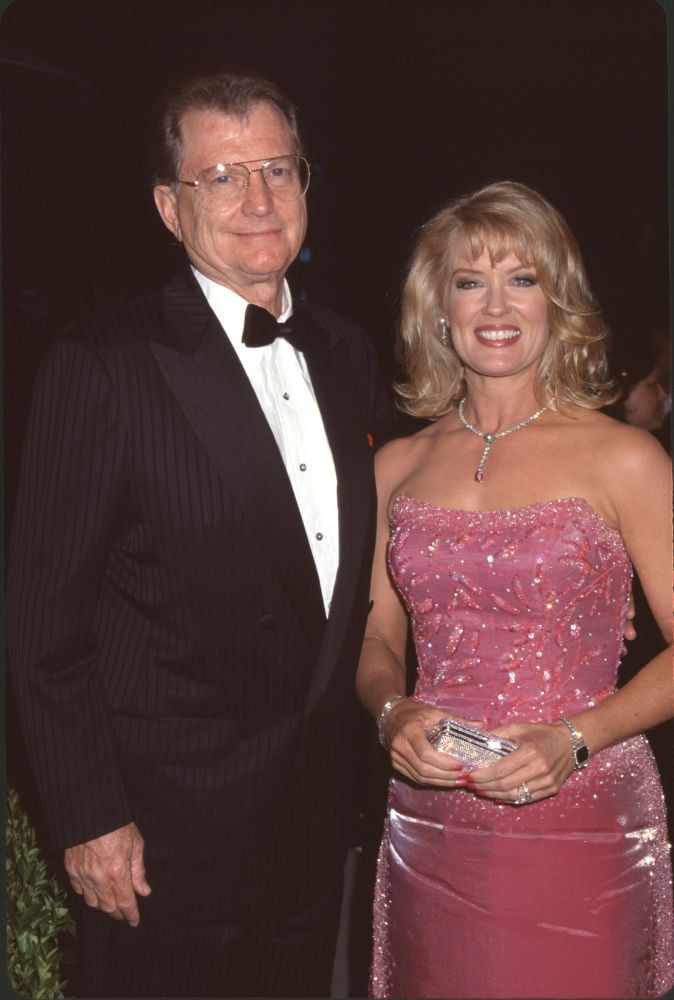 Burt Sugarman In Striped Tuxedo And Mary Hart In Strapless Pink Jeweled ...