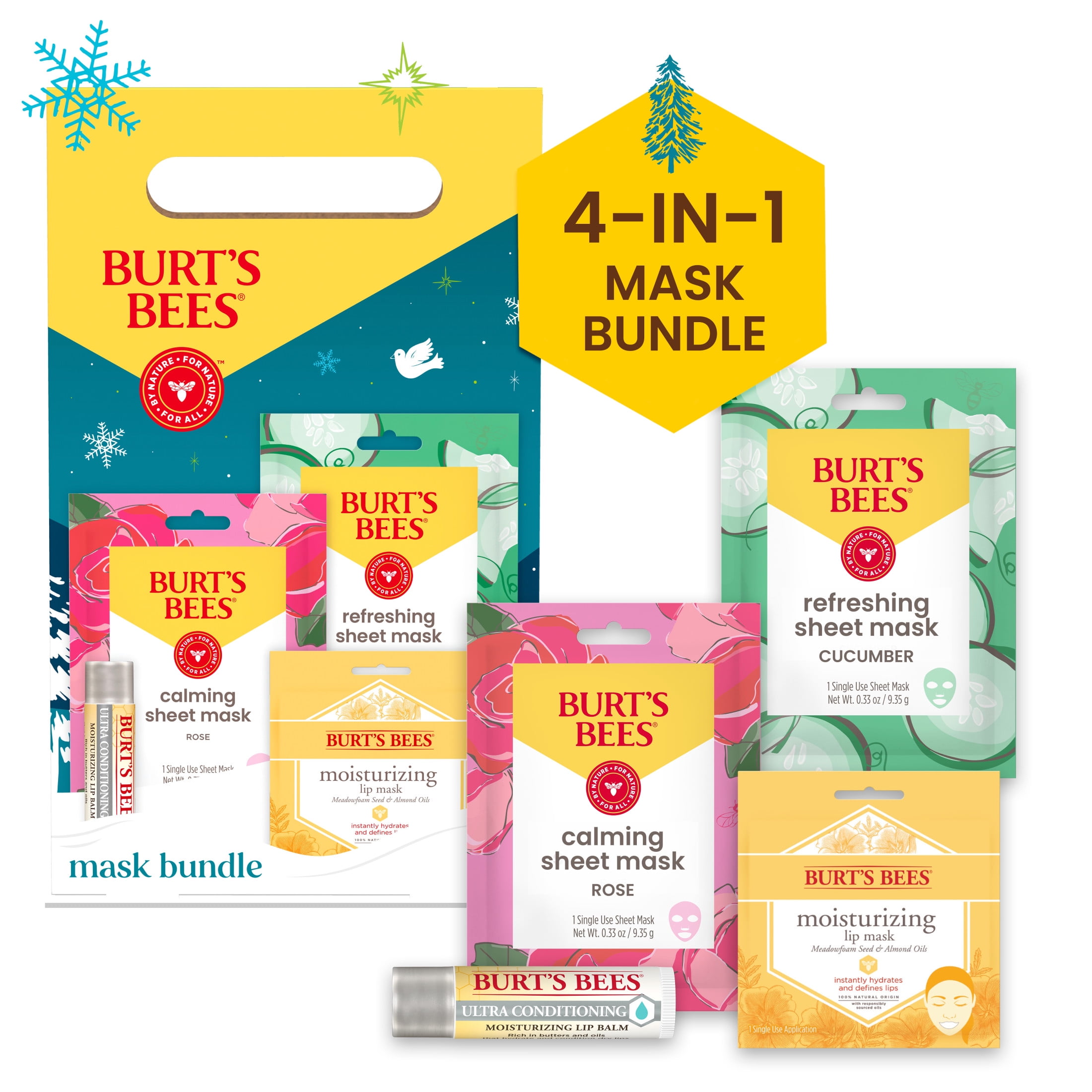 Burt's Bees 4-in-1 Mask Bundle Gift Set, Face Mask, Lip Mask and Lip ...