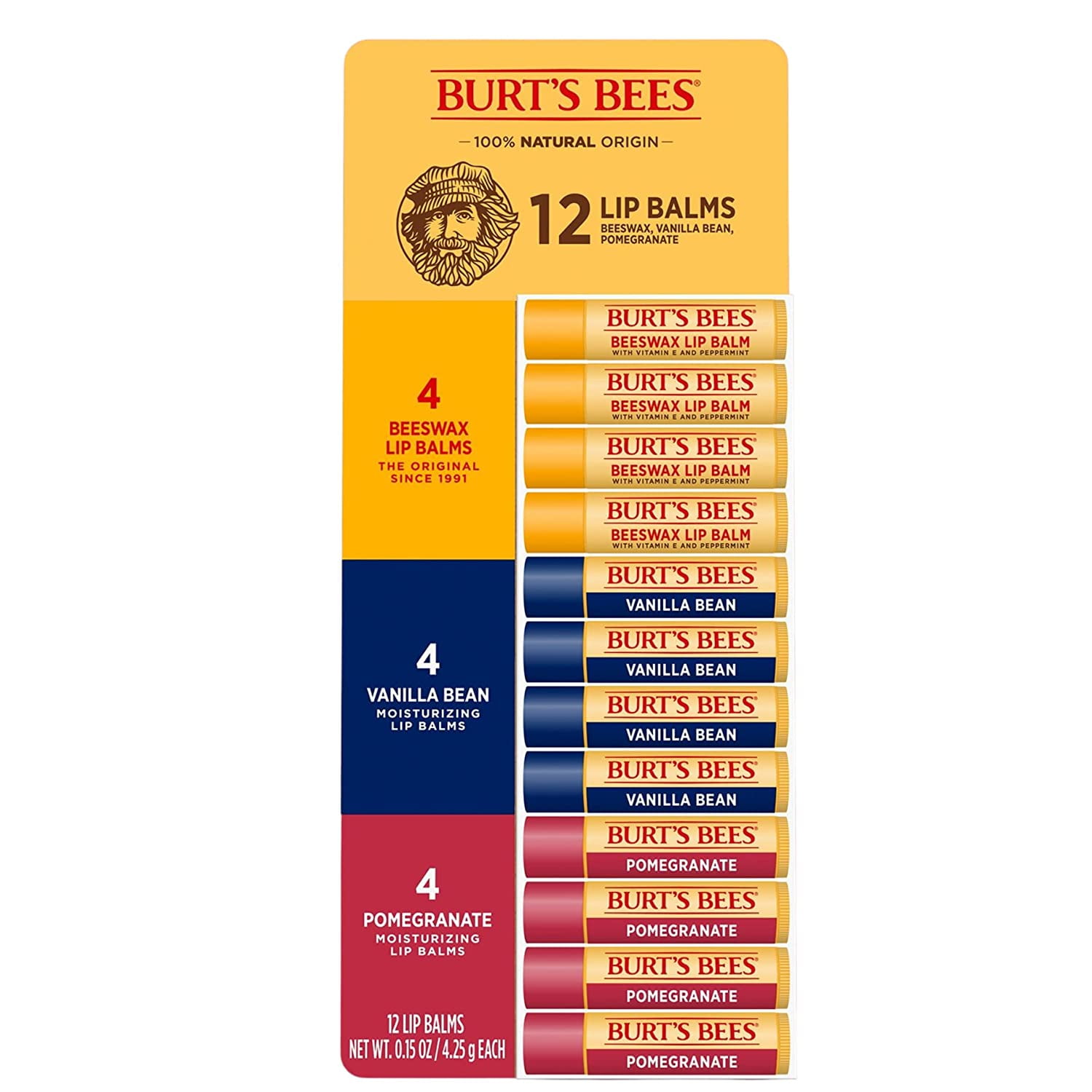Burt's Bees Lip Balm Variety Pack, 12-Pack Includes Beeswax, Vanilla ...