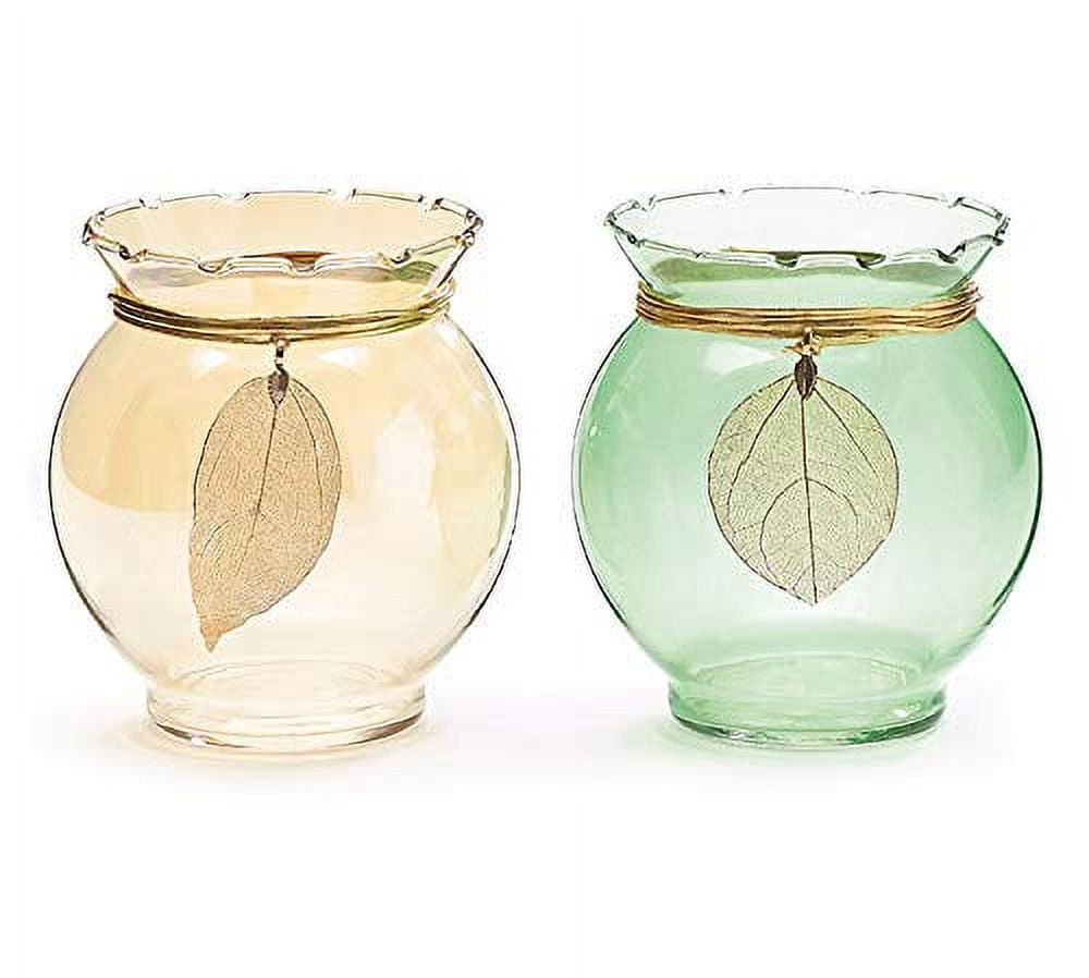 Burton & Burton Short Round Glass VASE Gold/Green Leaf Set of 2 ...