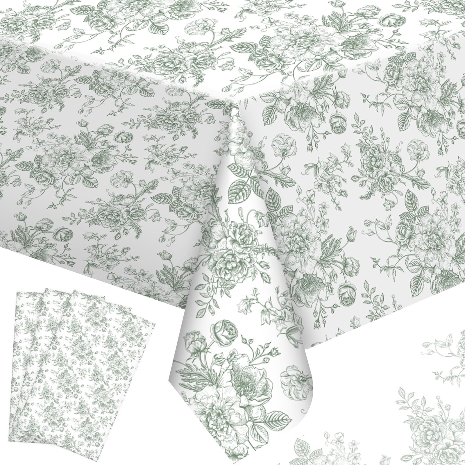 Buryeah 4 Pcs Sage Green Flowers Tablecloth Rectangle Floral Plastic ...