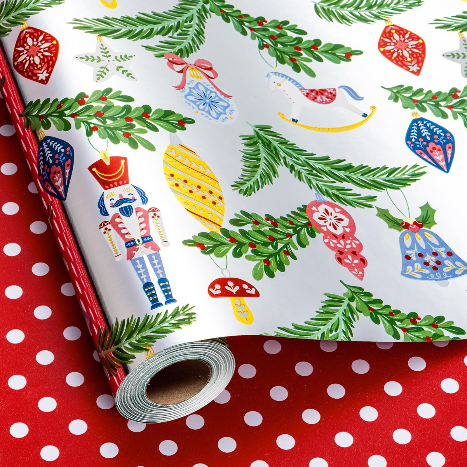 Burymento Christmas Wrapping Paper, Reversible Silver Nutcrackers ...