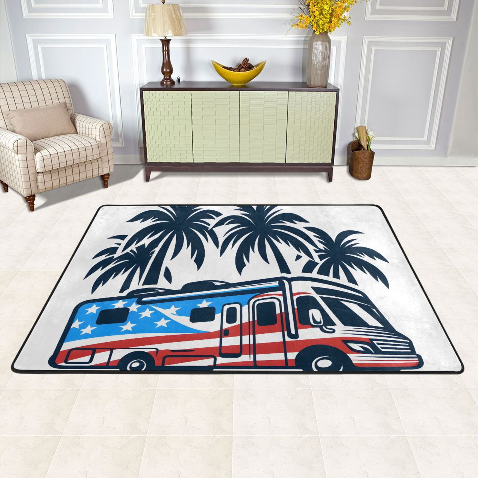 Bus American Flag Trees Area Rug Washable 72 x 48 Floor Carpet Mat Non ...