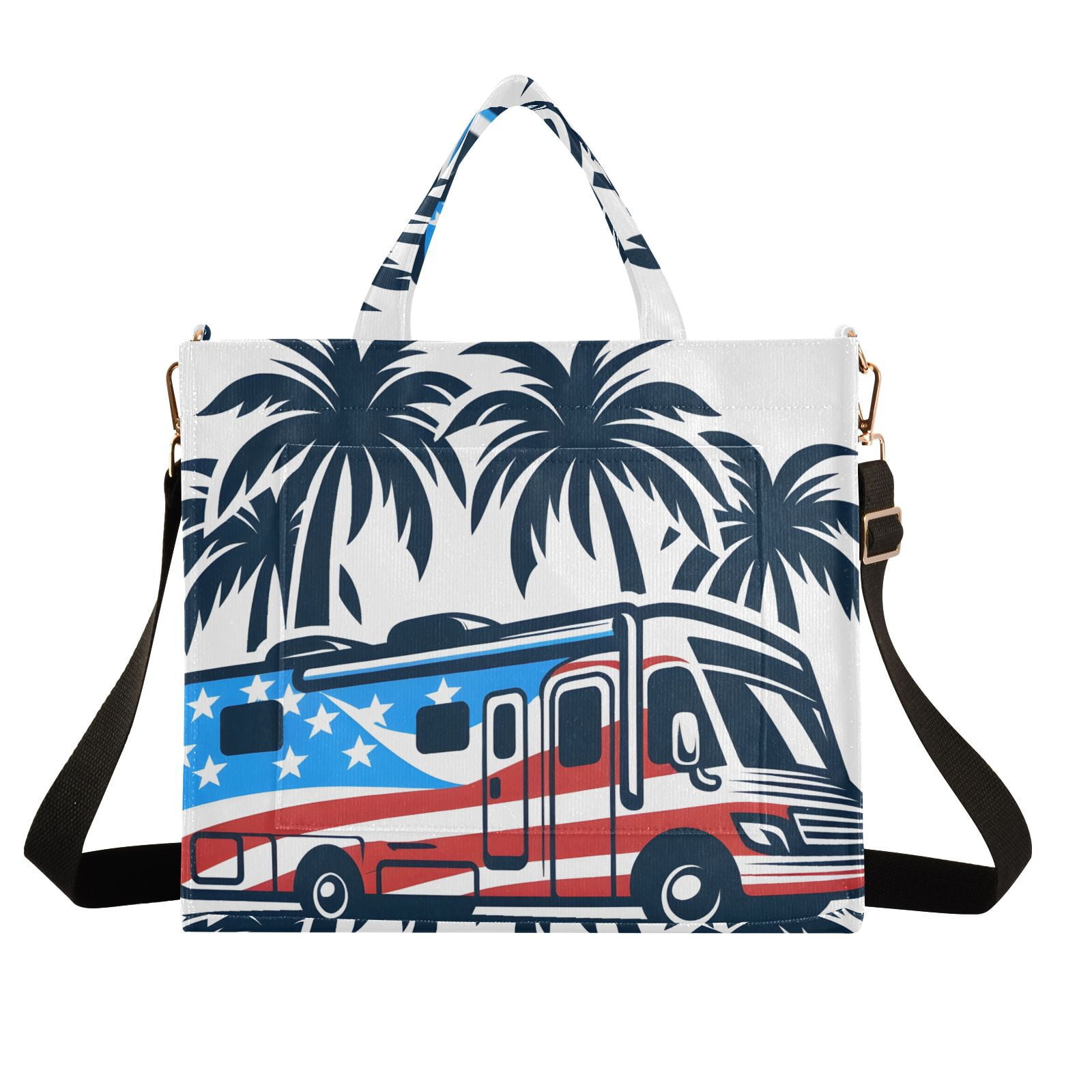 Bus American Flag Trees Corduroy Tote Bag Handbag Large Messenger Bag ...