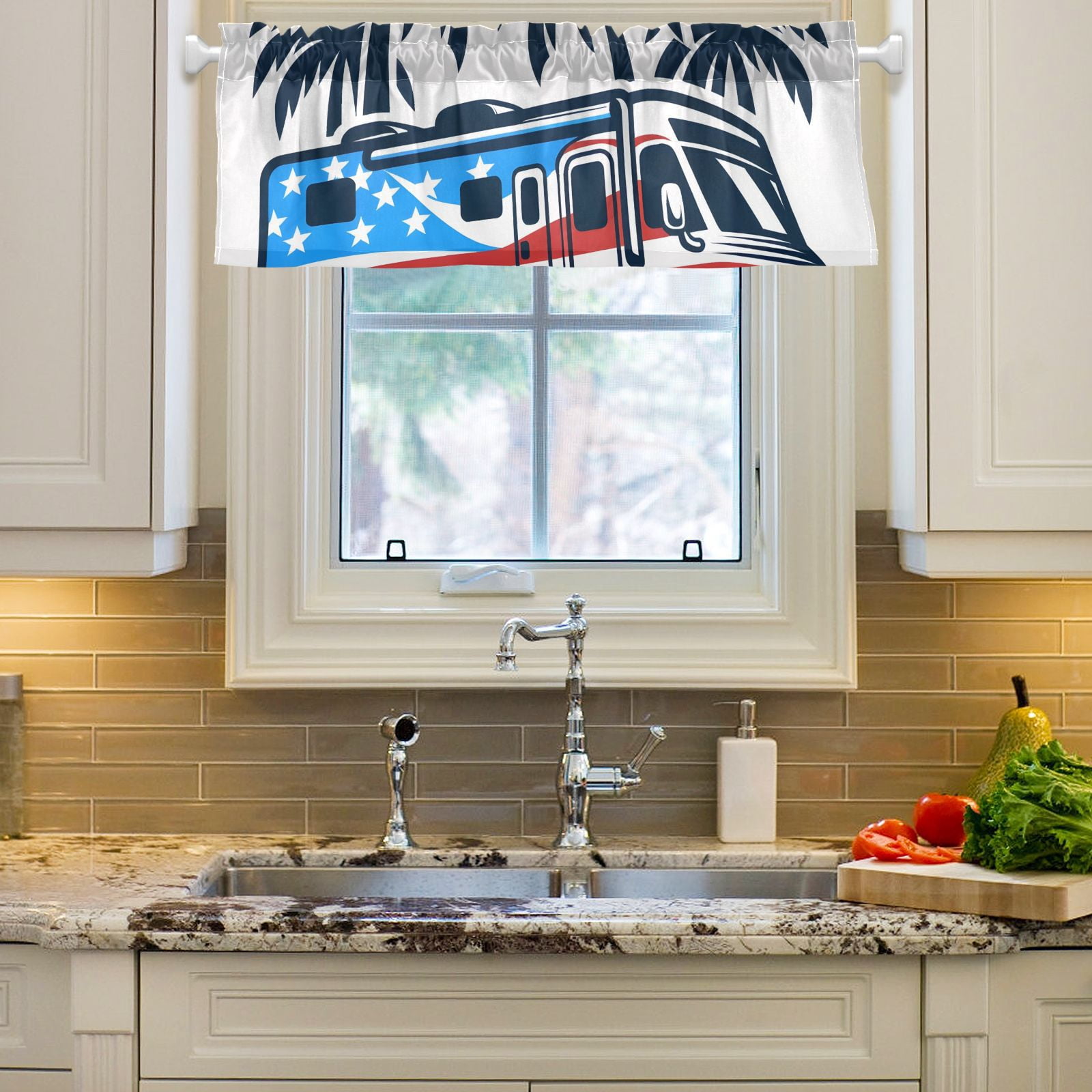 Bus American Flag Trees Curtain Valances Farmhouse Design Window ...