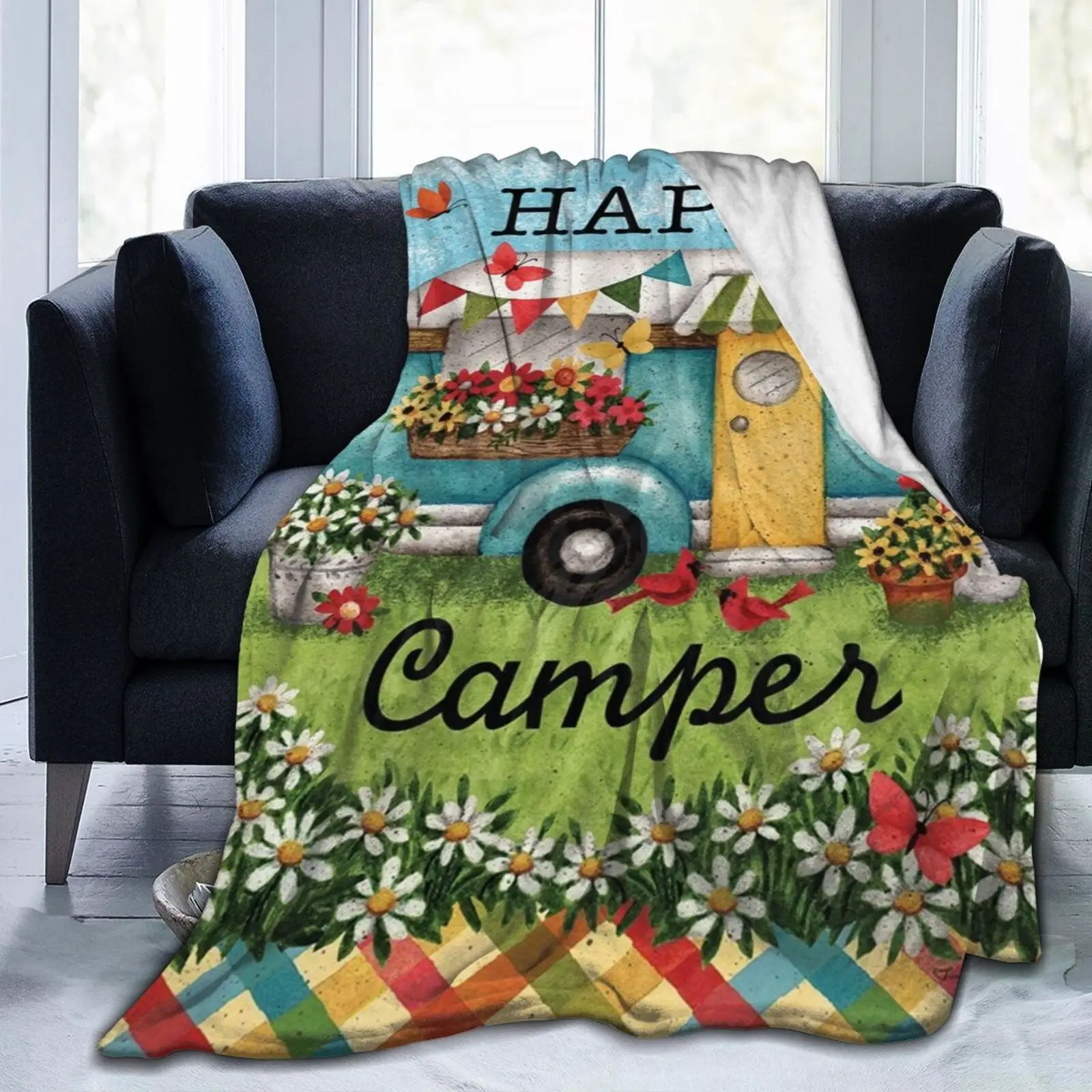Bus Camping Pattern Flannel Throw Blankets Super Soft Cozy Warm ...