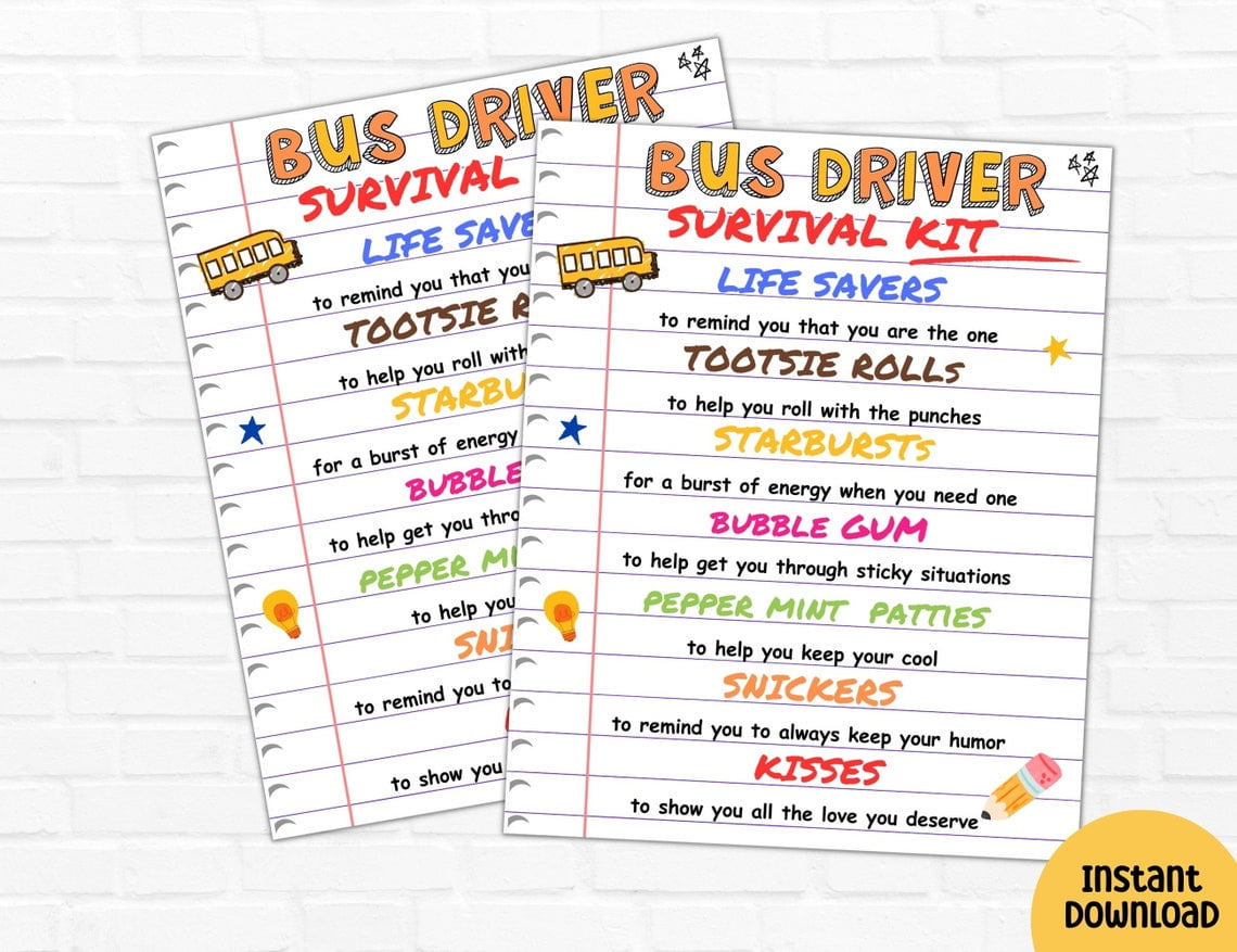 Bus Driver Survival Kit Gift Tag, “Thank You” Appreciation Tag for Bus ...