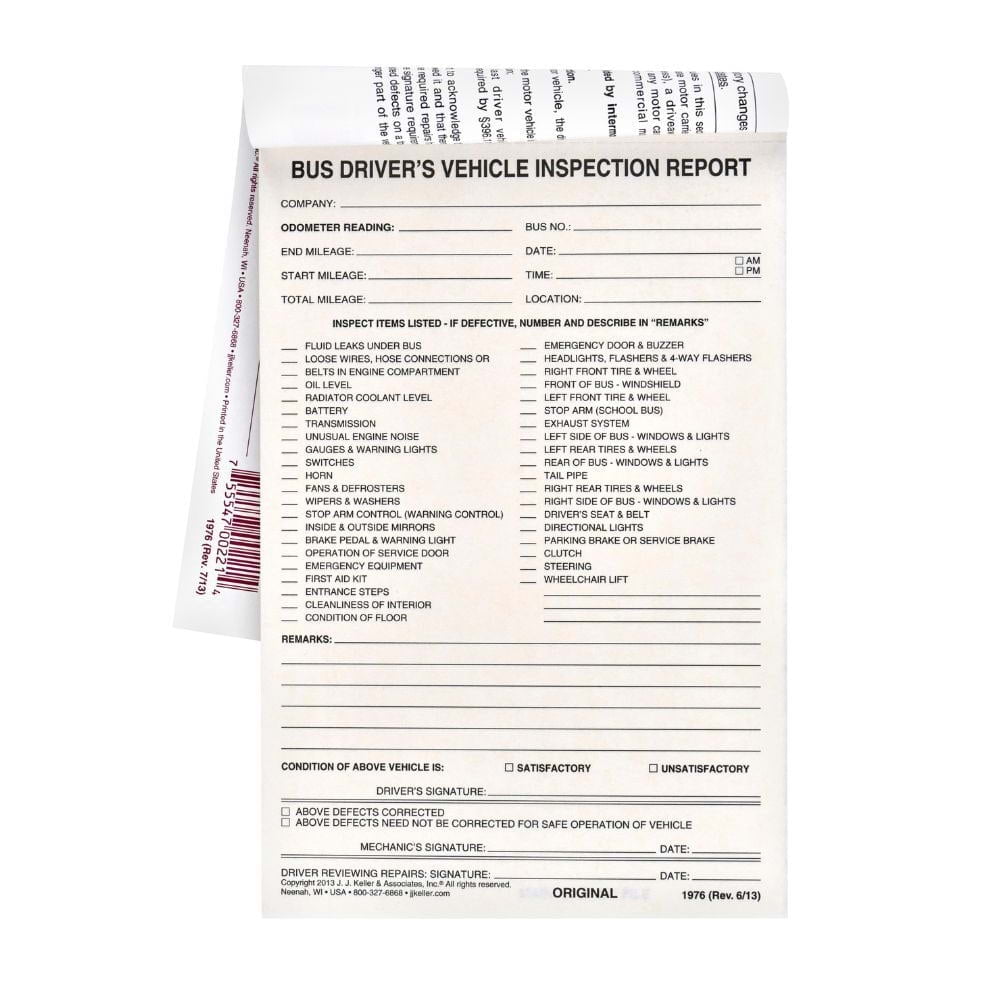 Bus Driver's Vehicle Inspection Report 5-pk. - Book Format, 3-Ply ...