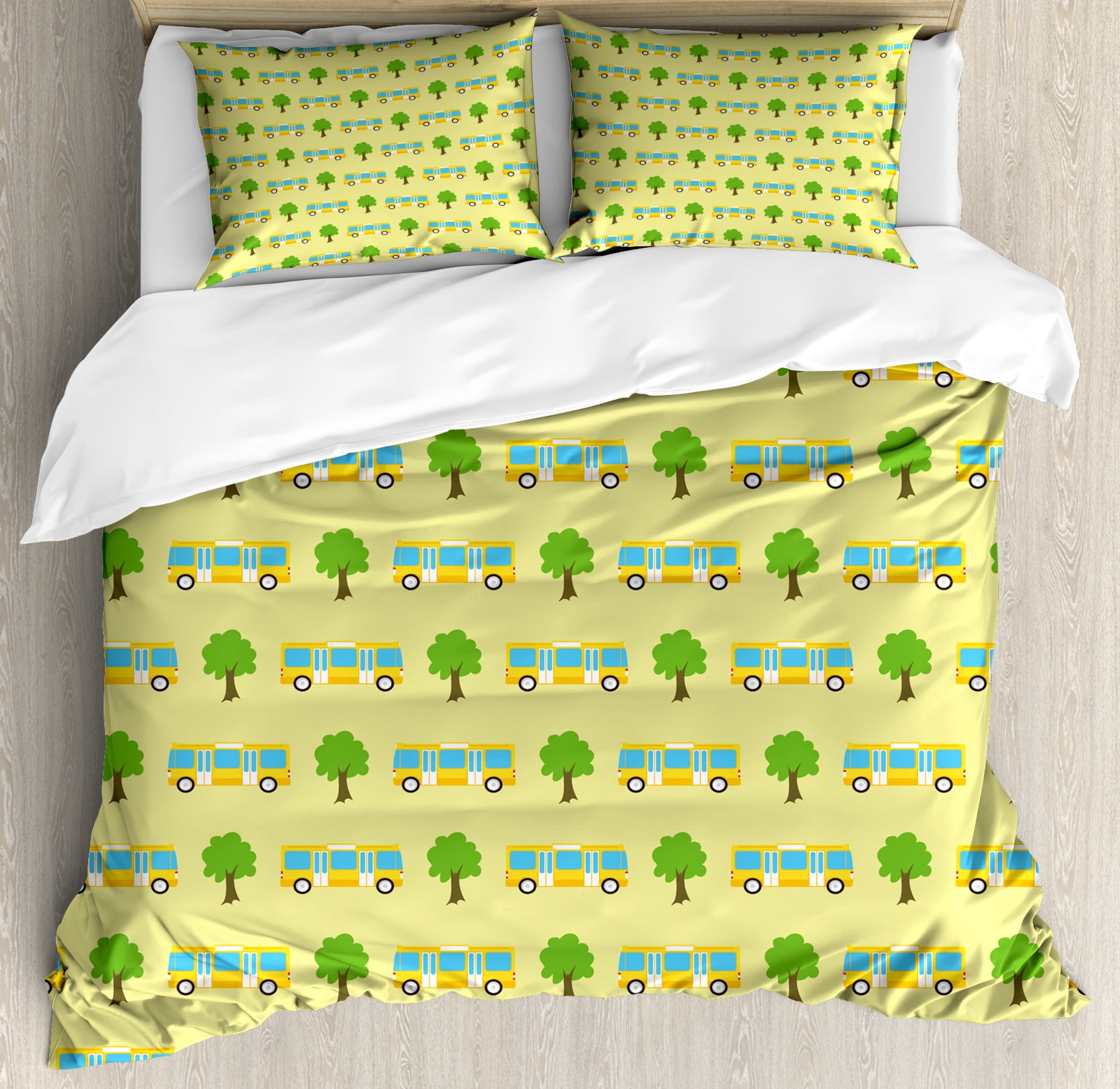 Bus Duvet Cover Set, Horizontally Arranged Trees and Transportation ...