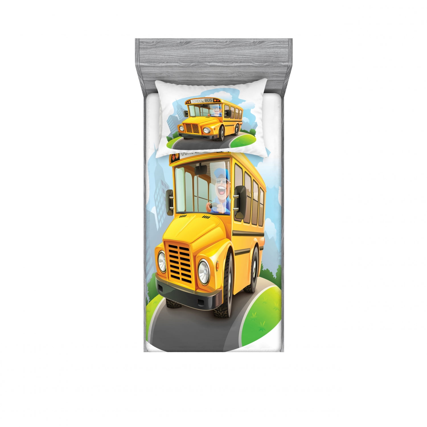 Bus Fitted Sheet & Pillow Sham Set, Bus Driver Laughing and Driving ...