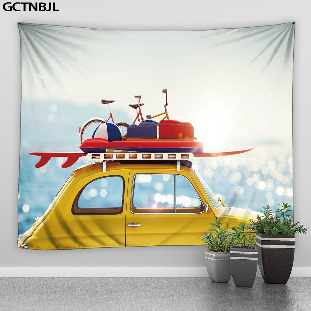 Bus Palm Tree Beach Tapestry Ocean Decorative Wall Hanging Picnic Mat ...