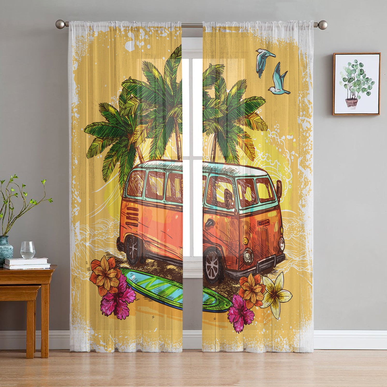 Bus Surfboard Coconut Tree Tulle Sheer Window Curtains for Living Room ...