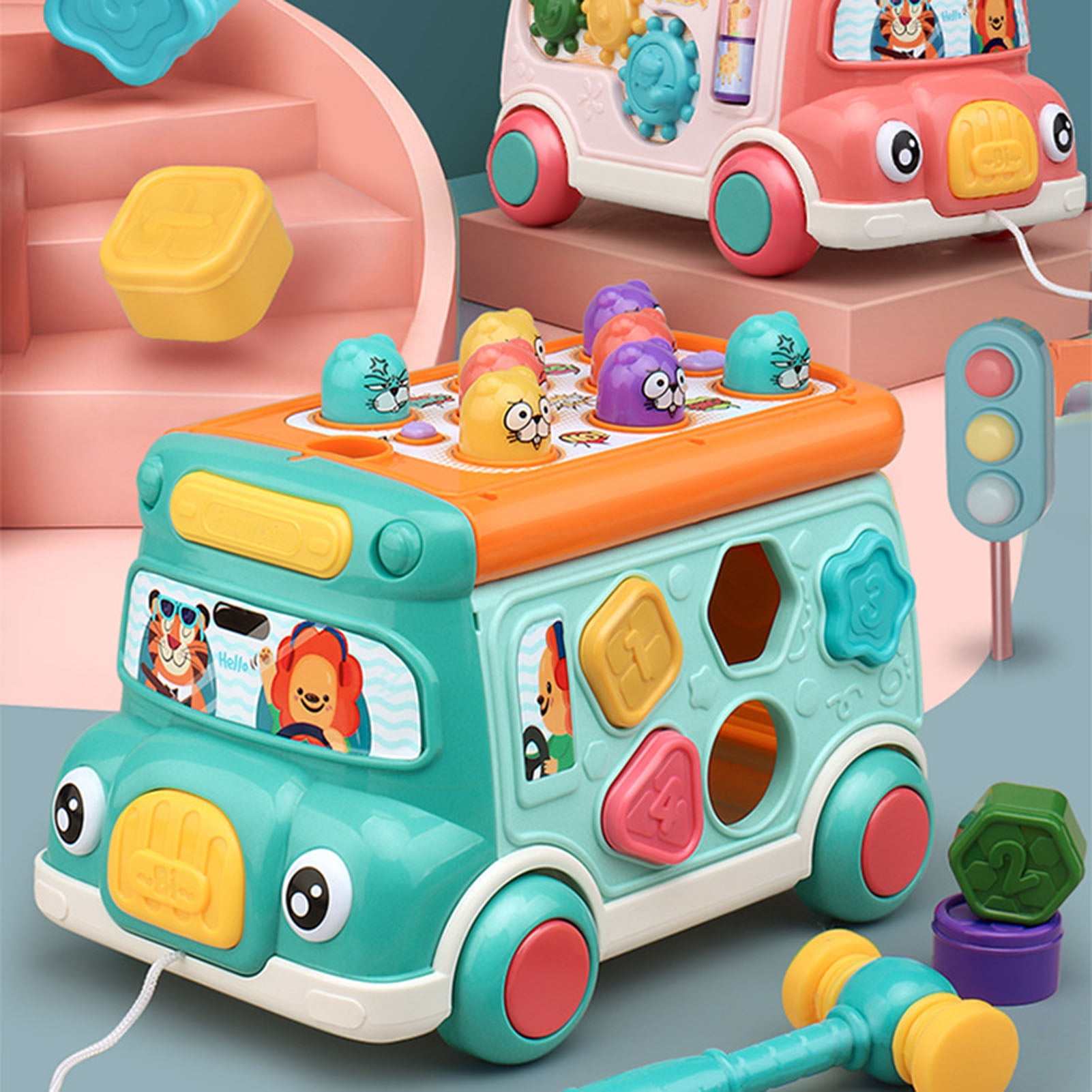 Bus Toy Multifunctional Music Light Building Blocks Whack a Mole ...