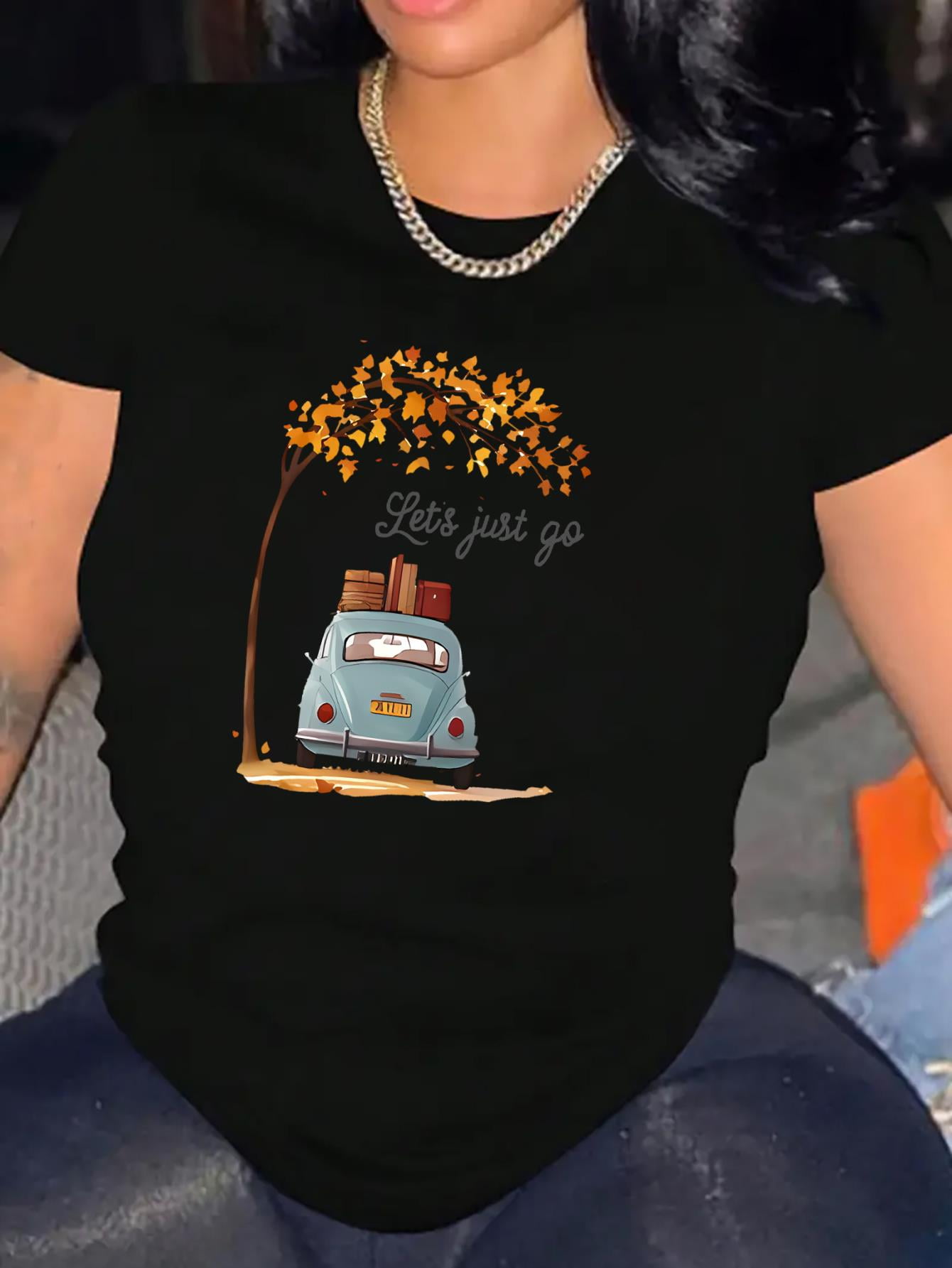 Bus & Tree & Slogan Print Comfy T-Shirt, Round Neck Short Sleeve Sports ...