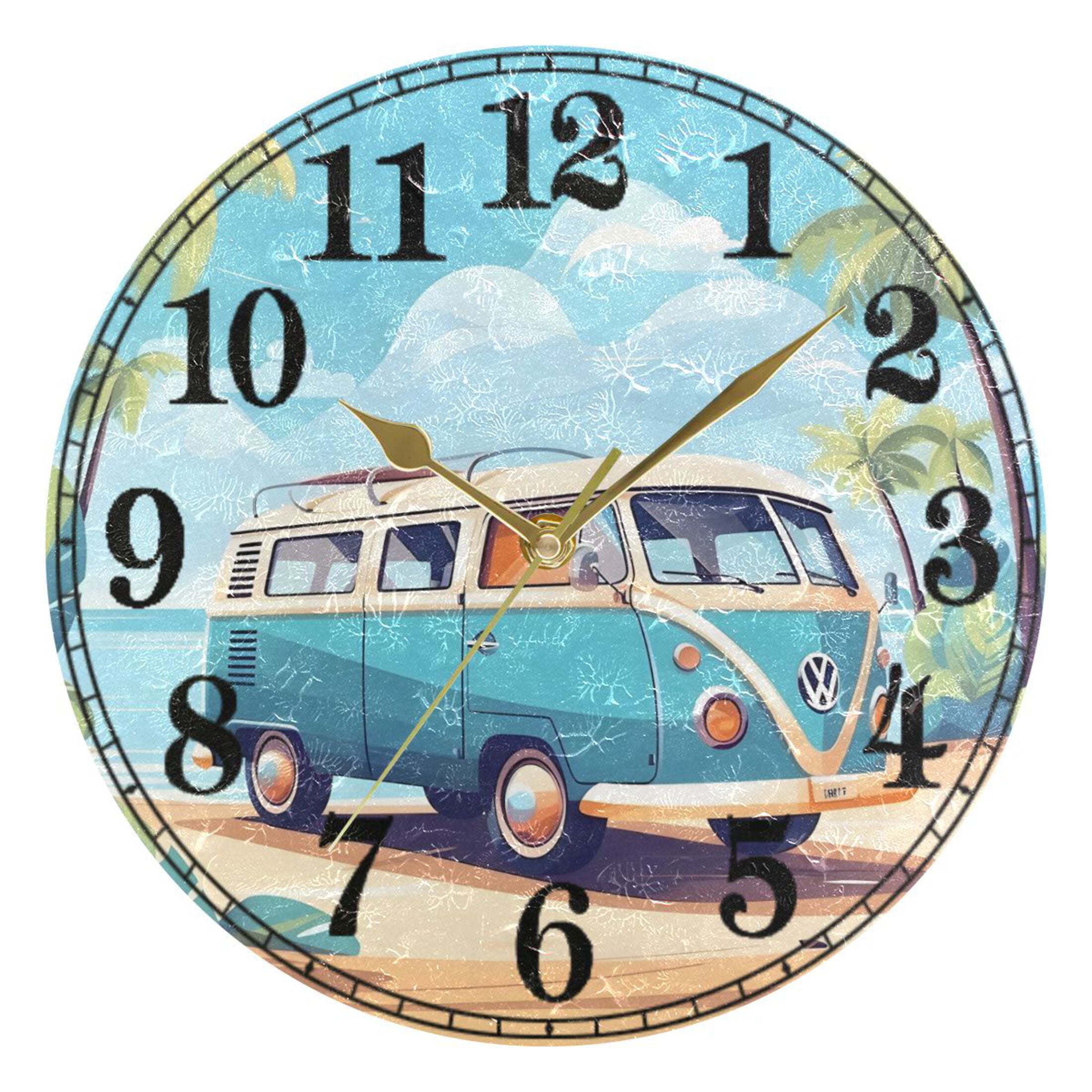 Bus in Summer Tree Silent Wall Clock 10" Non-Ticking Battery Clock ...