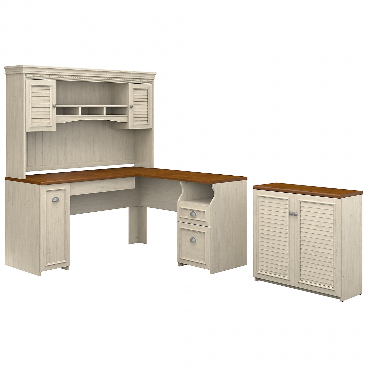Bush Furniture Antique White Pewter Finish L-shaped Desk with Hutch ...