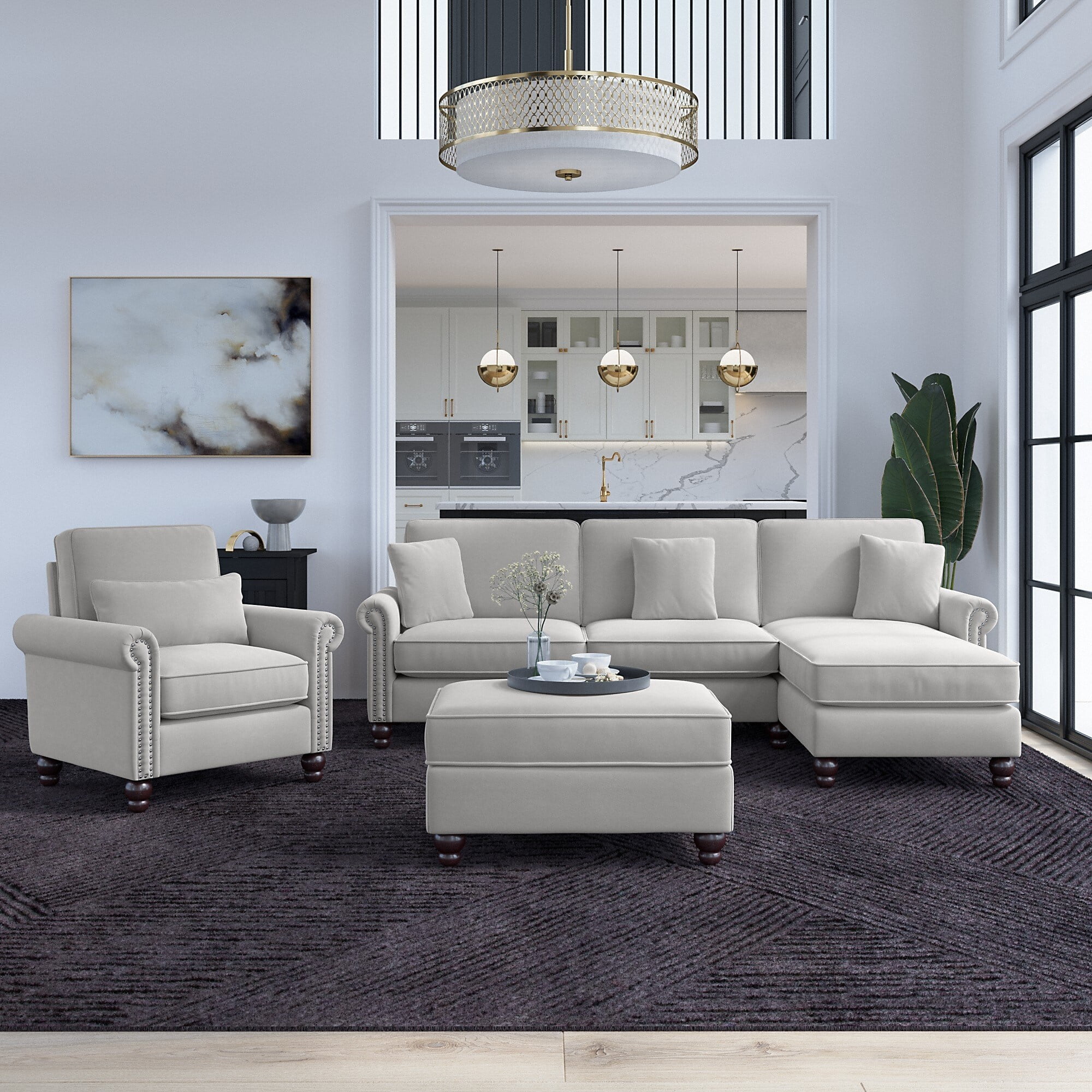 Coventry Chaise Sectional with Chair & Ottoman in Dark Gray Microsuede ...