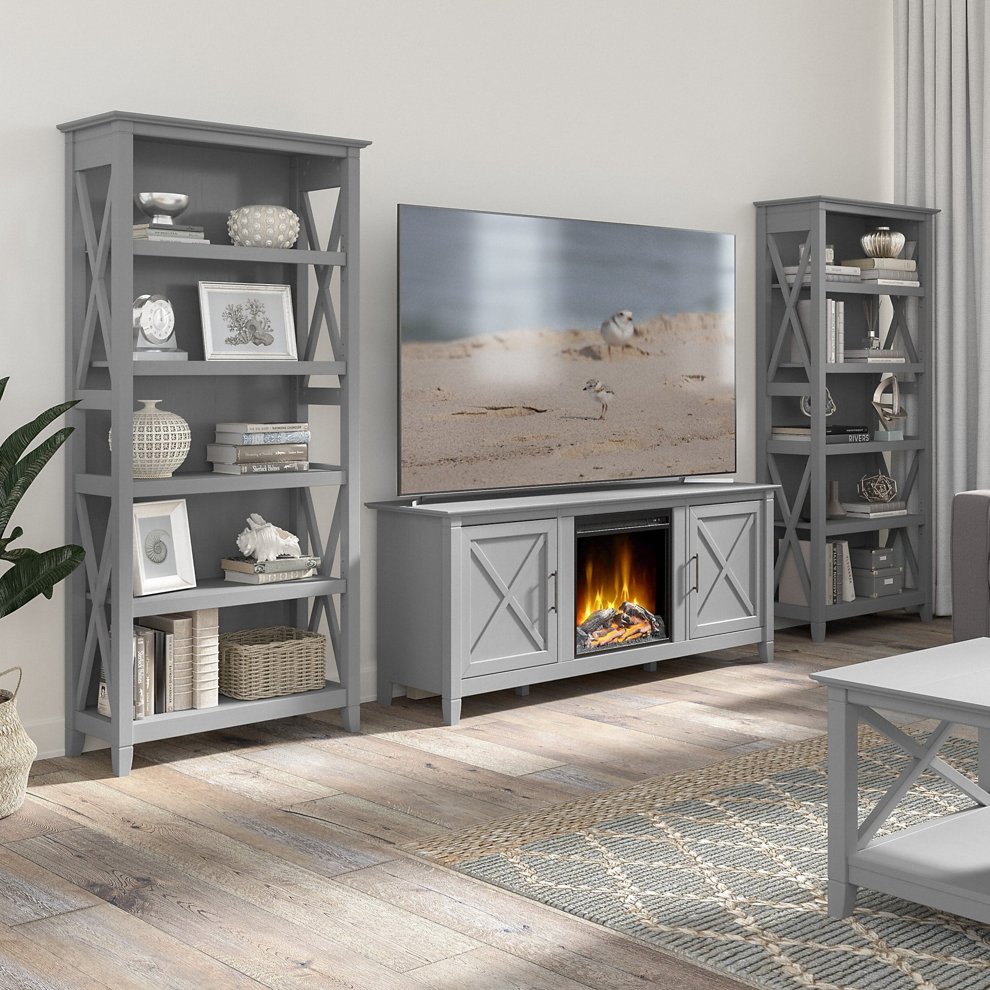 Bush Furniture Key West Electric Fireplace TV Stand with 5-Shelf ...
