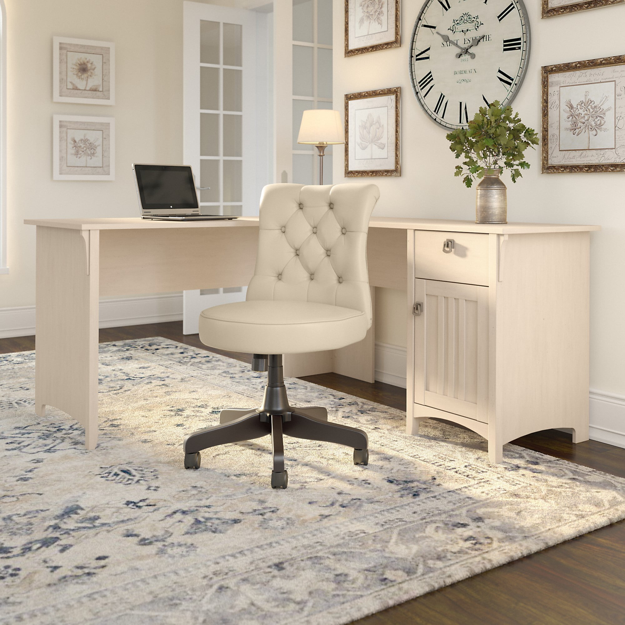 Bush furniture salinas 60w l shaped desk with hutch in antique white store