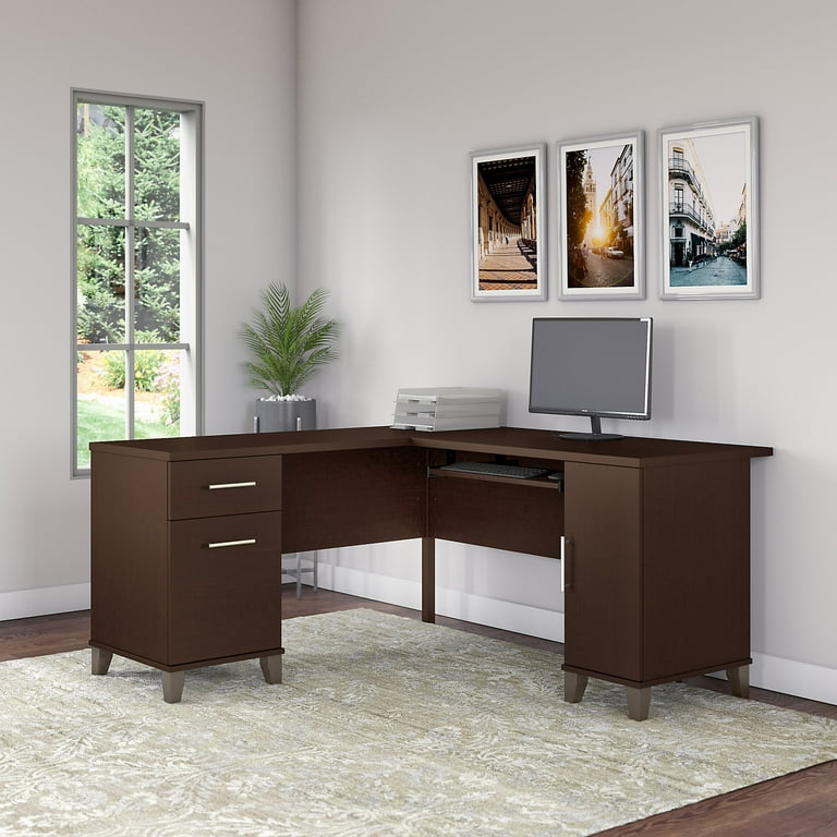 Bush Furniture Somerset 60 in L Desk with Keyboard Tray File Drawer Box Drawer and Storage Cabinet in Mocha Cherry Ships in 2 Boxes