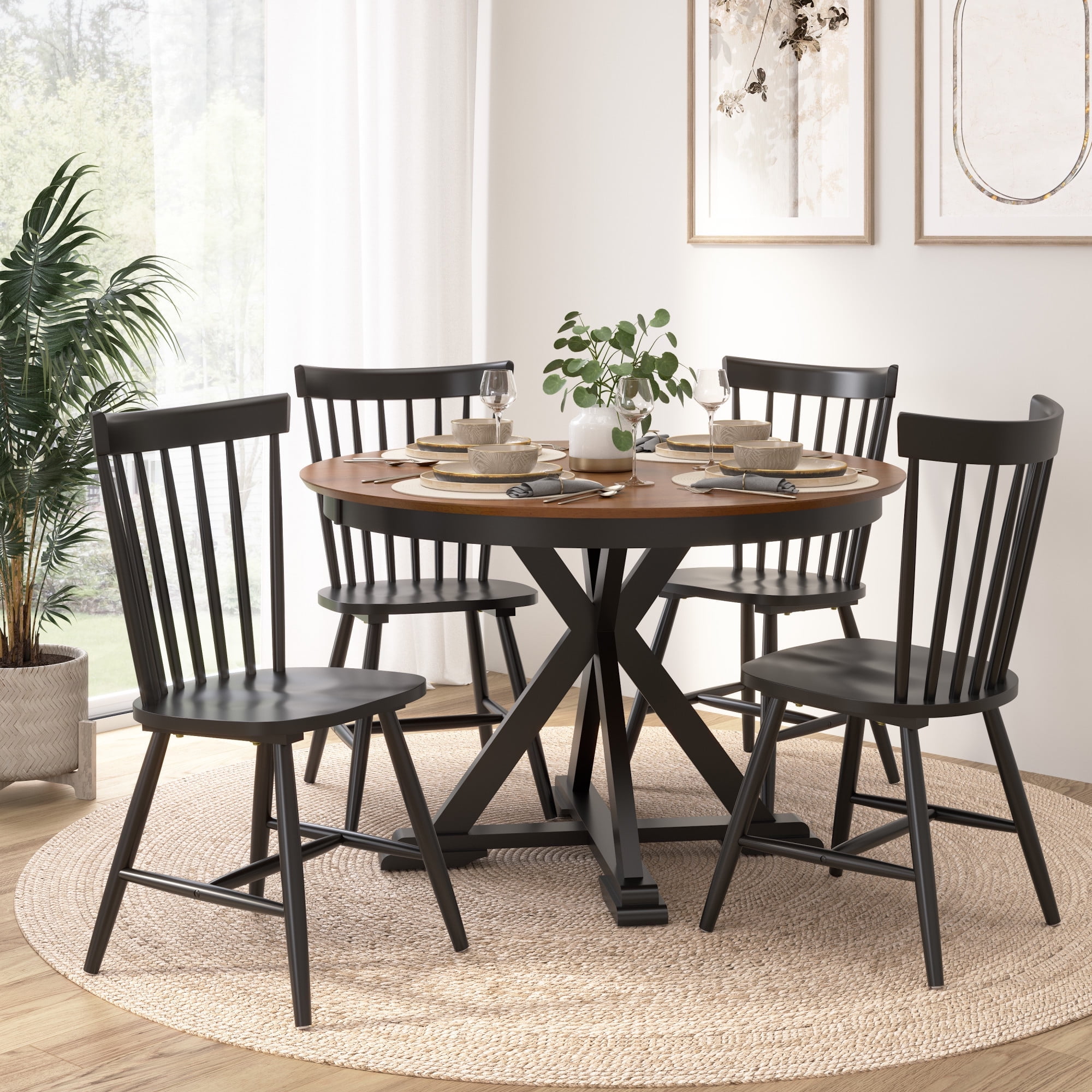 Bush Furniture West End 45W Round Trestle Dining Table with 4 High Back Spindle Dining Chairs in ...