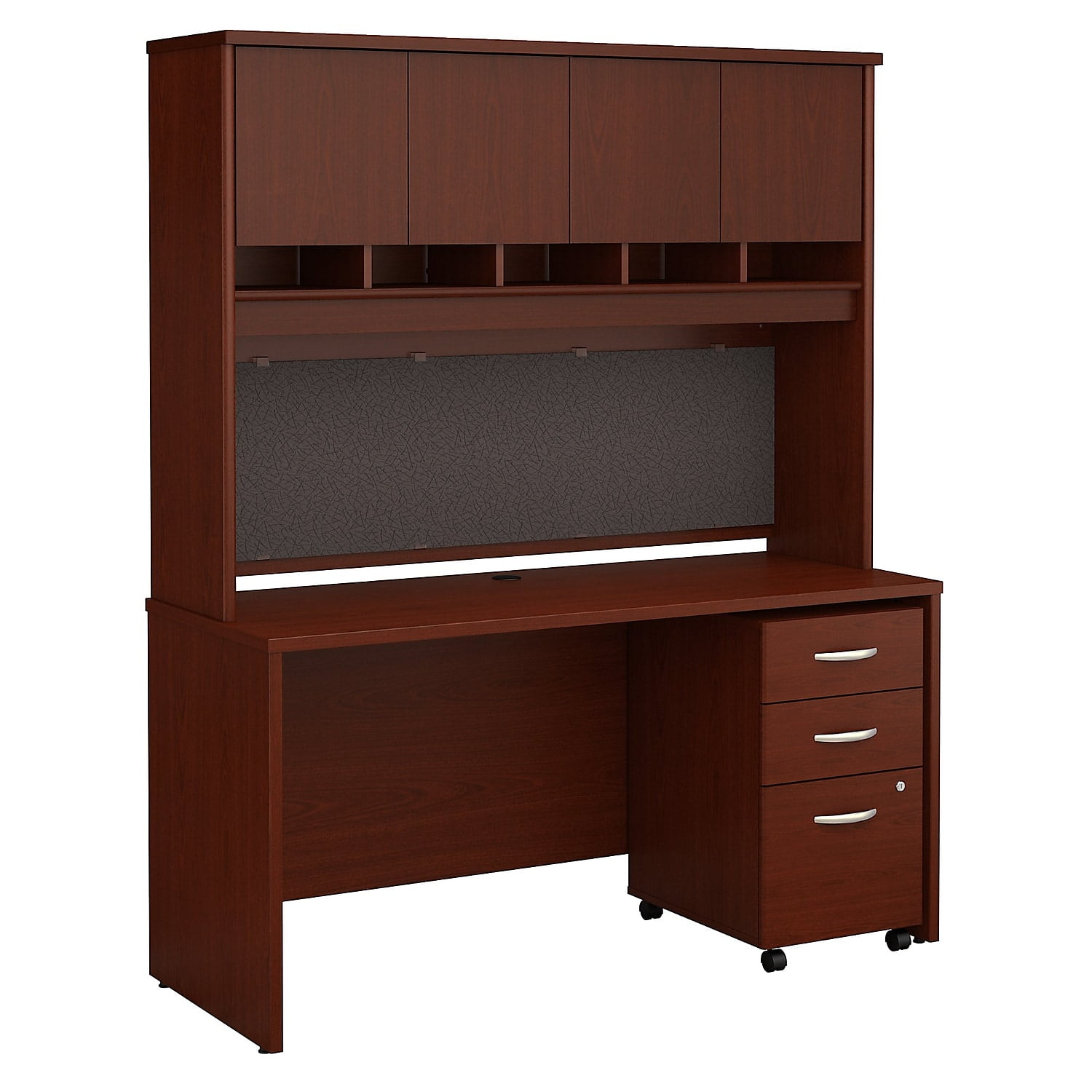 Bush Mahogany 60W x 24D Credenza Shell Desk with Hutch and 3Dwr Mobile ...