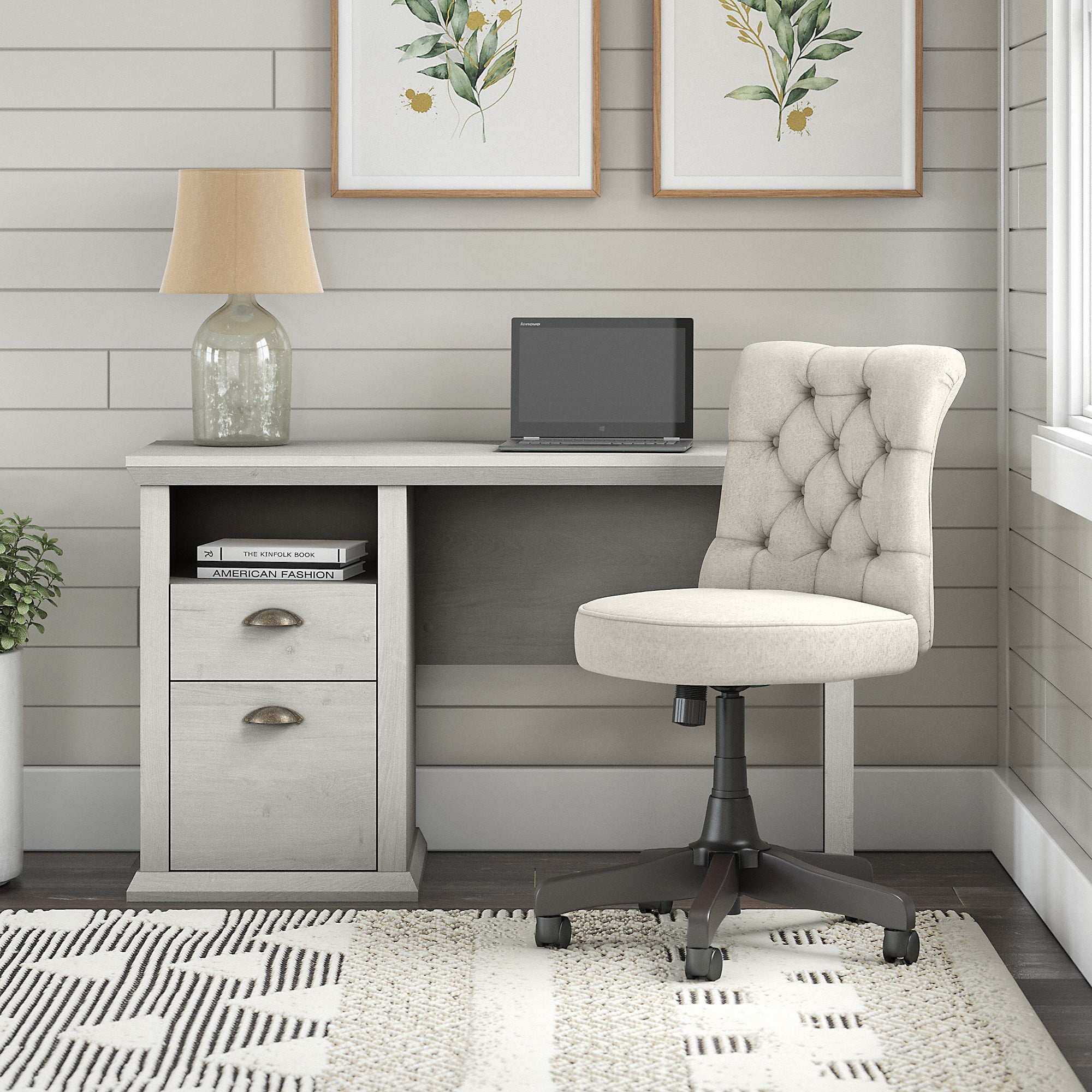 Bush Yorktown 50" Engineered Wood Home Office Desk & Chair Set in White ...