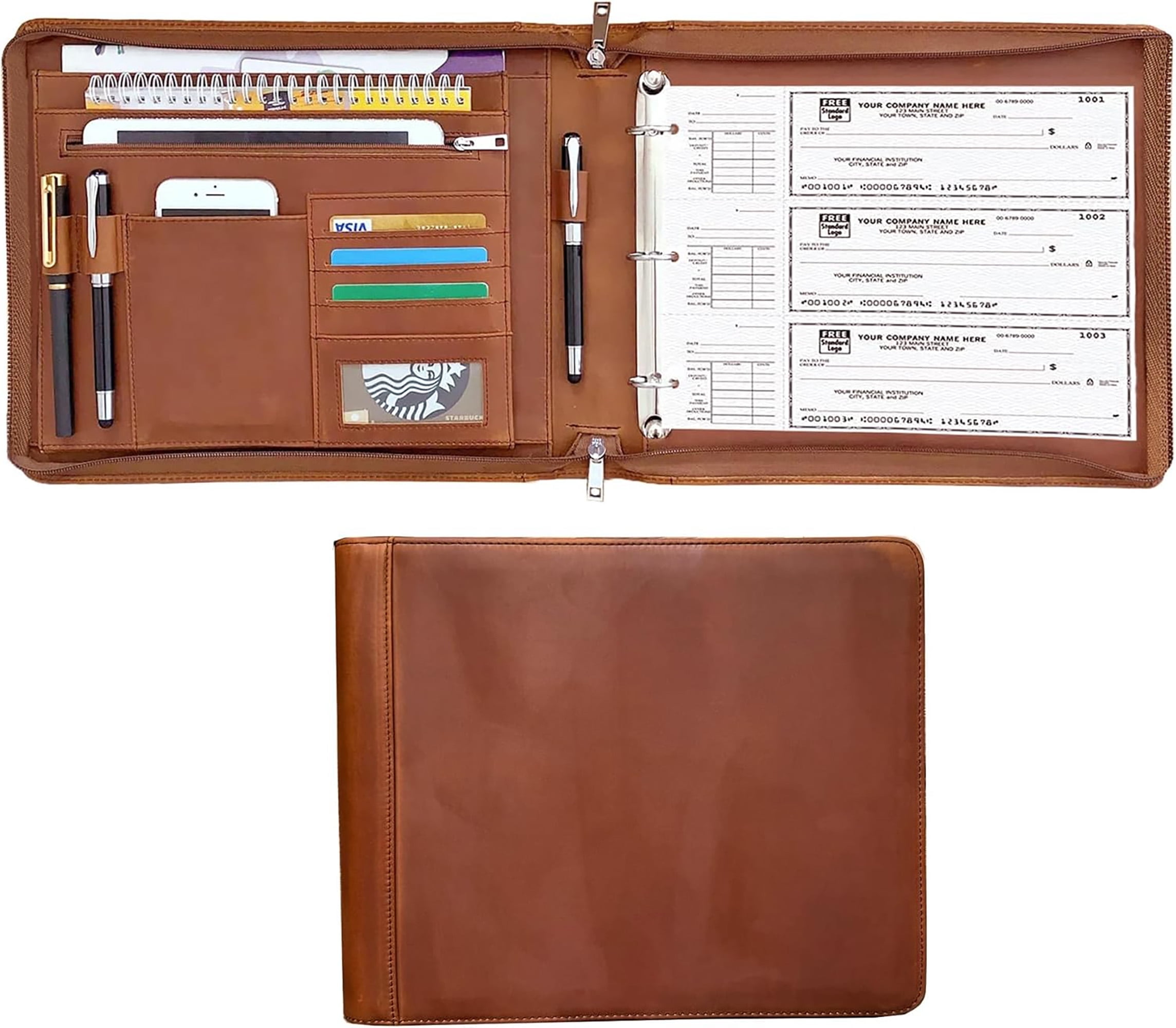 Business 3 Ring Check Binder, Genuine Leather Check Book Portfolio for ...
