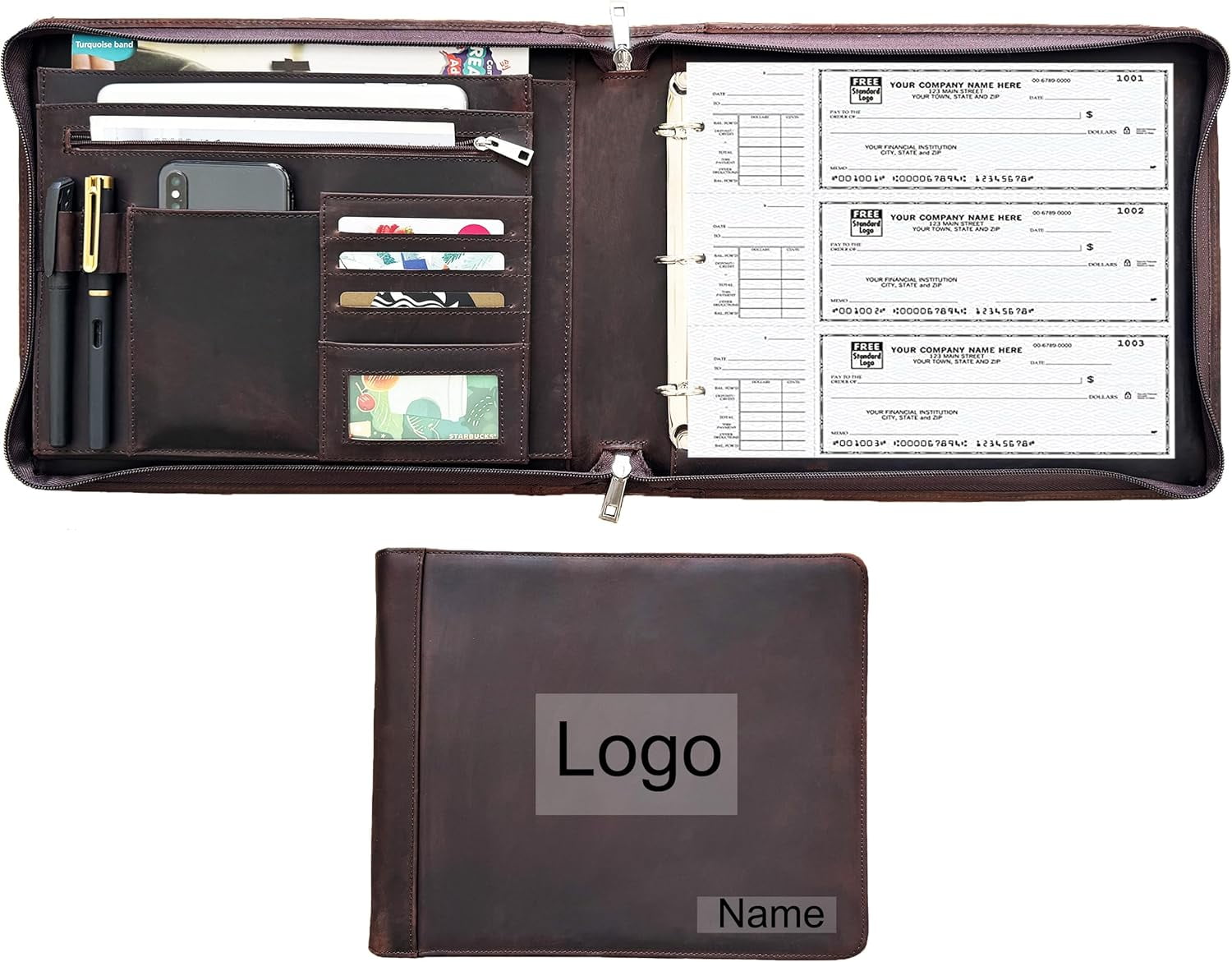 Business 3 Ring Check Binder, Genuine Leather Check Book Portfolio for 3 Holes or 9 Holes Checks ...