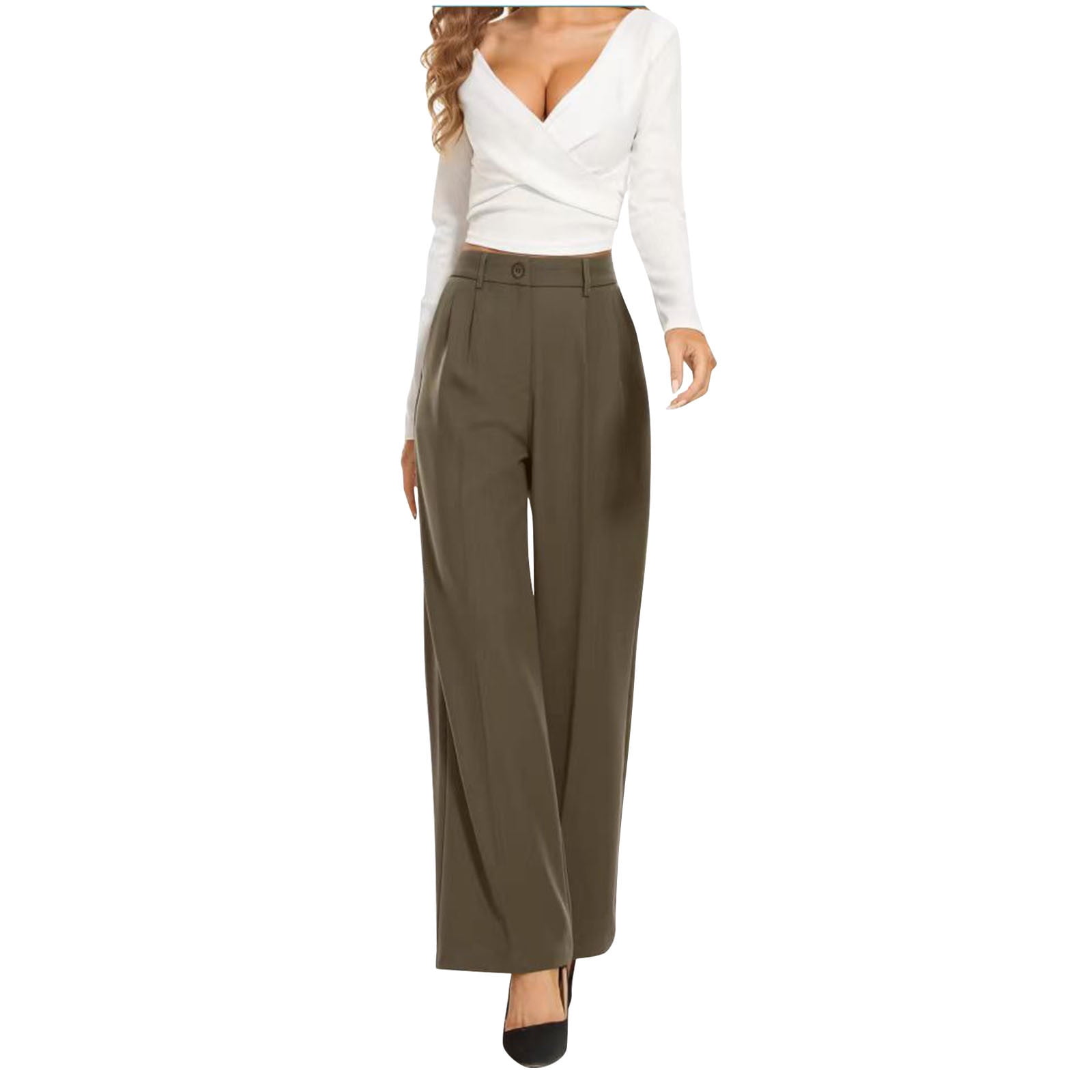 Business Casual Dress Pant for Women Button High Waist Straight Wide ...