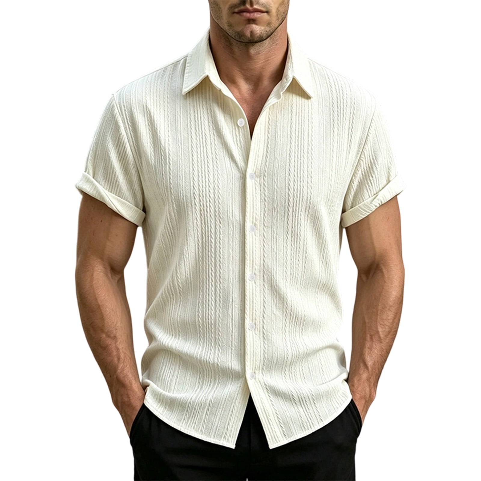Business Casual Mens Shirts Crochet Stitch Button Down Short Sleeve ...