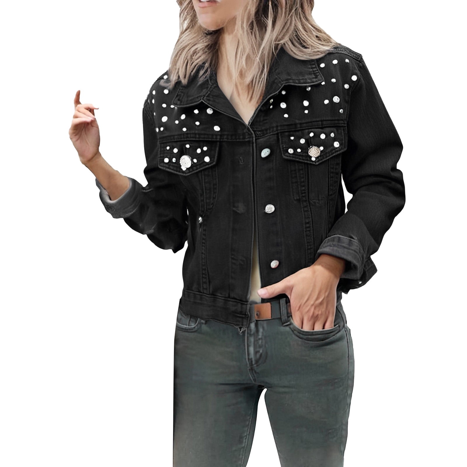 Business Casual Outfits for Women Beaded Heavy Industry Denim Jacket ...