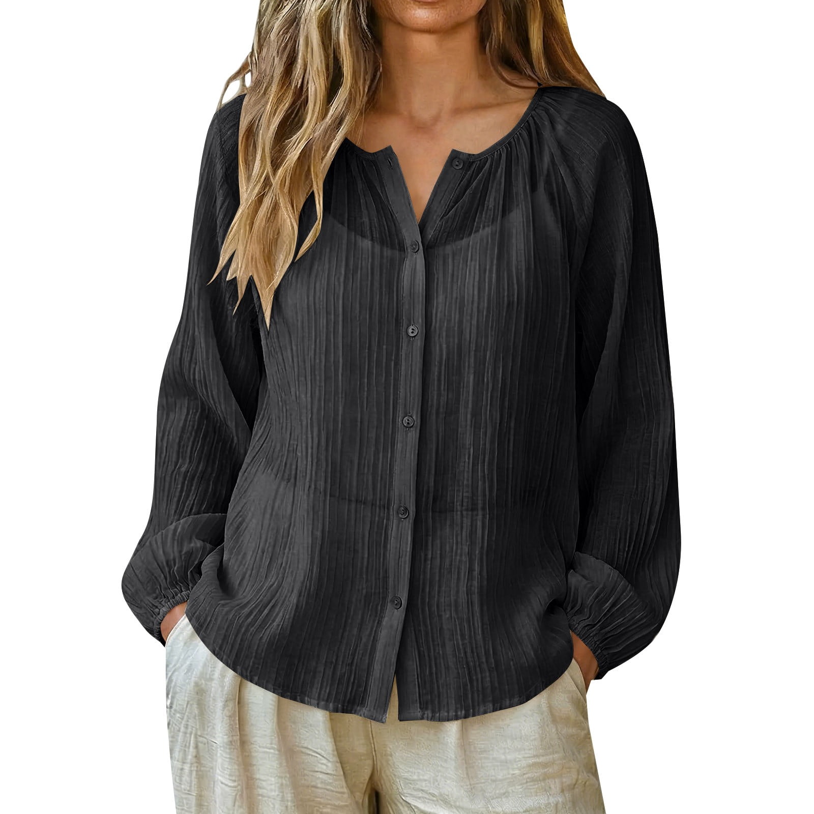 Business Casual Outfits for Women Solid Color Thin Balloon Sleeve Retro ...