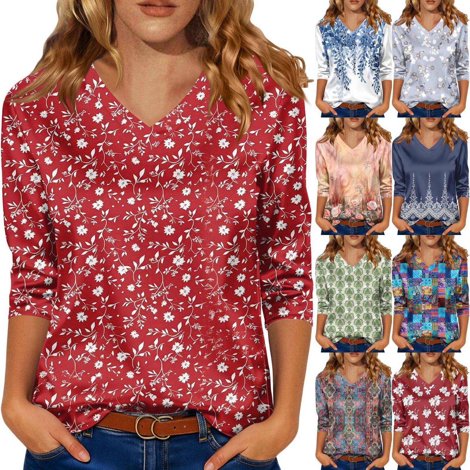 Business Casual Satin Tops for Women 3/4 Sleeve V Neck Floral Print ...