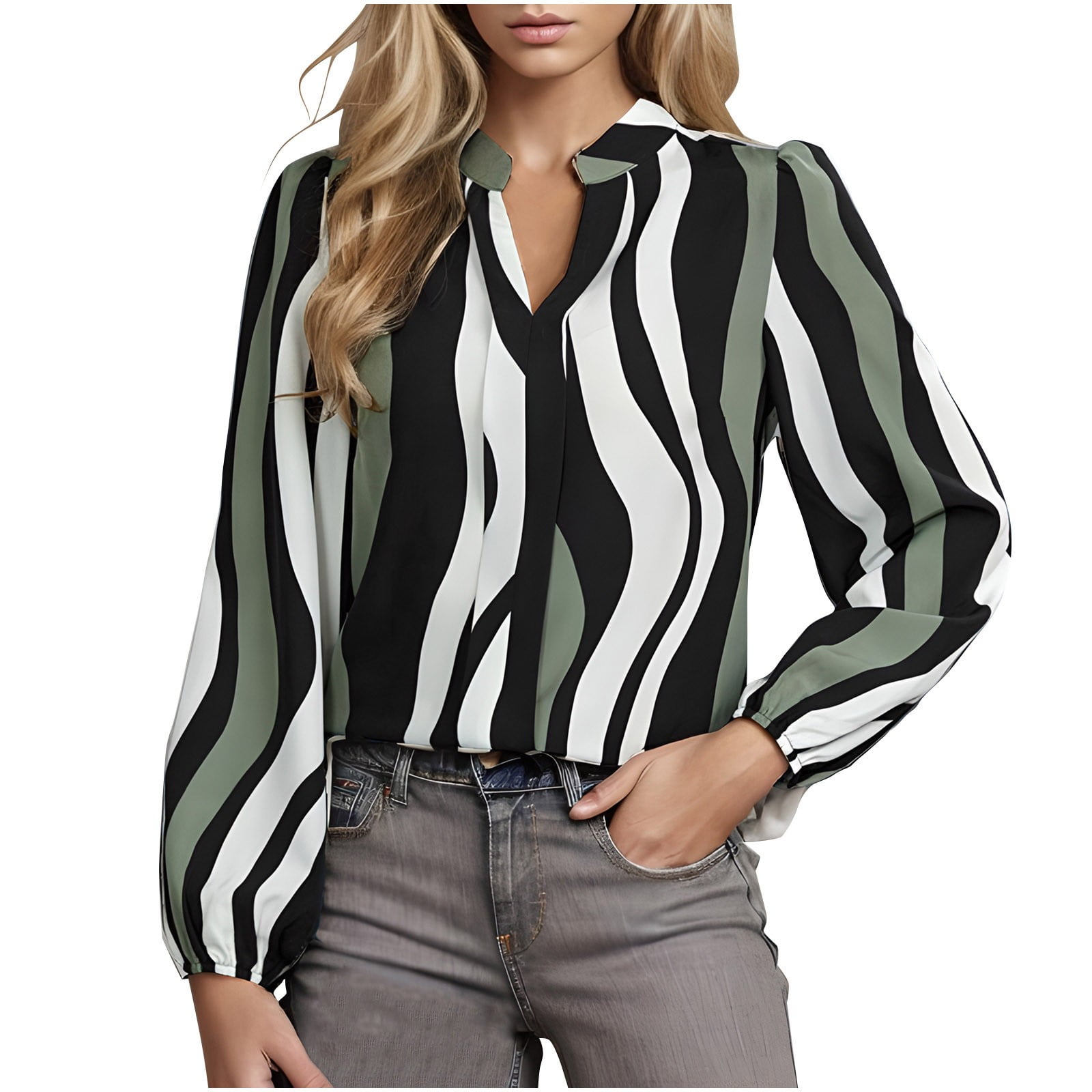 Business Casual Shirt for Women Long Sleeve Shirts V Neck Color Block ...