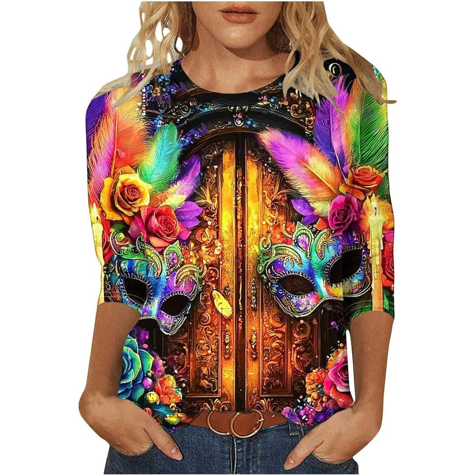 Business Casual Tee for Womens Carnival Print Short Sleeve Crewneck ...
