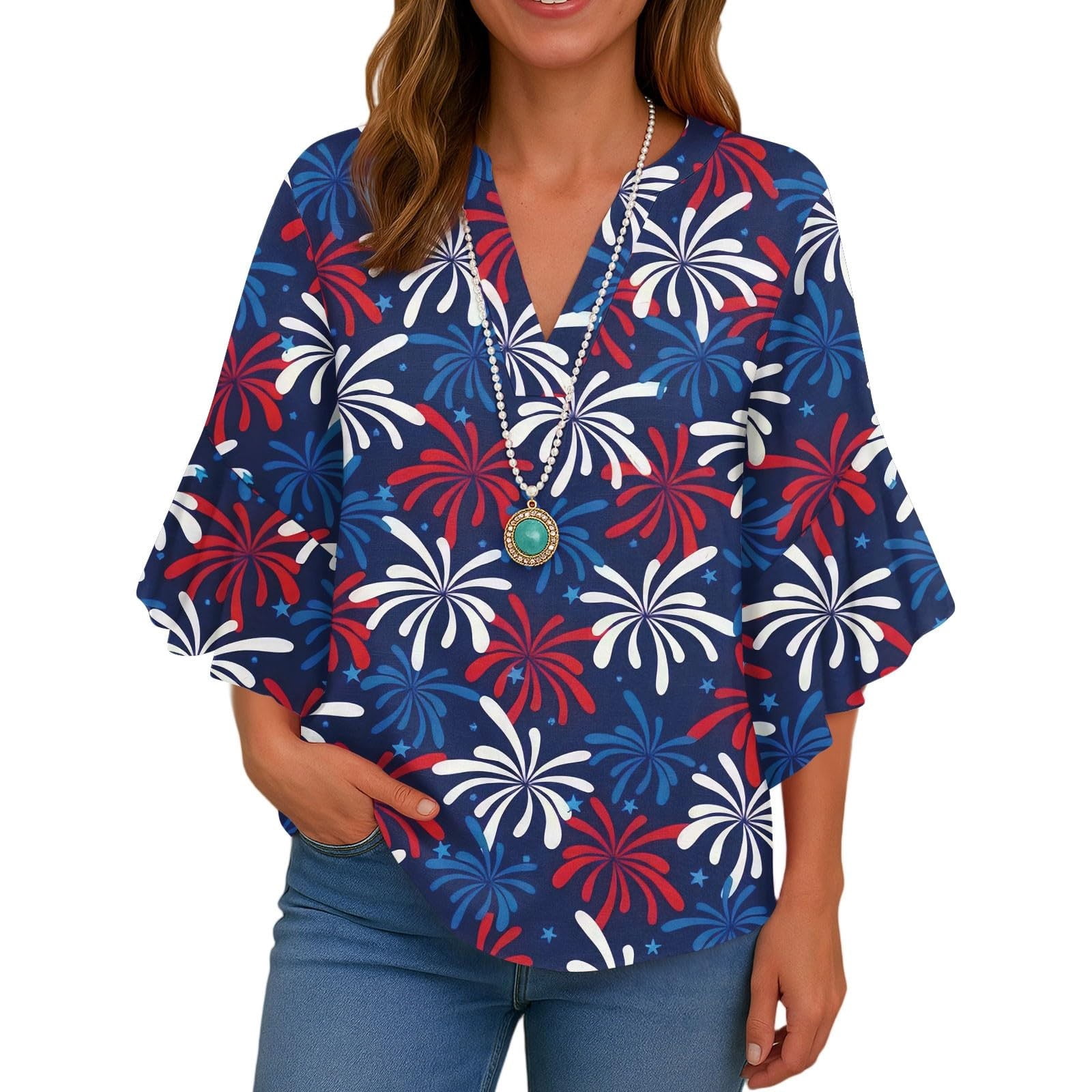 Business Casual Top Women 250Th Anniversary Usa 3/4 Sleeve V Neck ...