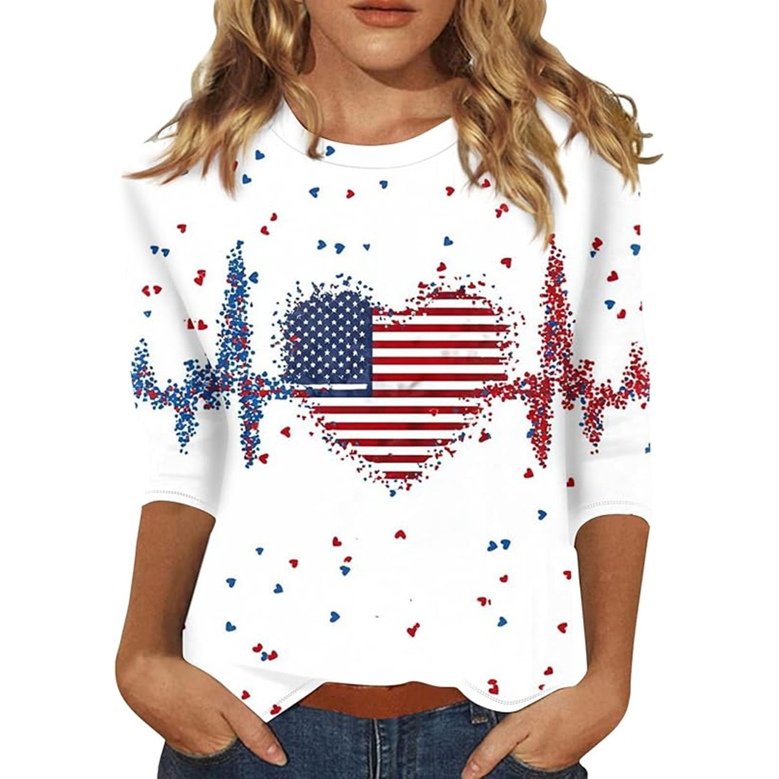 Business Casual Top Women Independence Day Print Short Sleeve Round ...