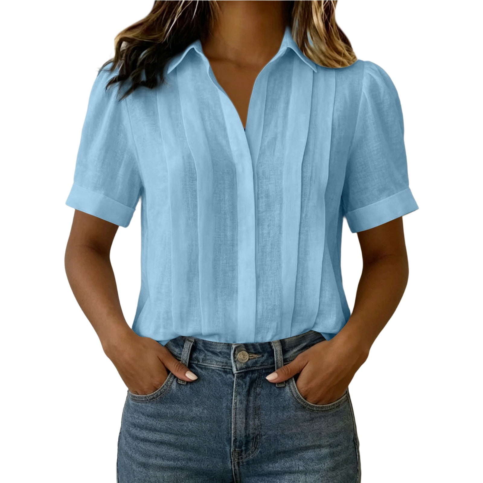 Business Casual Top Women Layered Pleated Short Sleeves Button Down ...