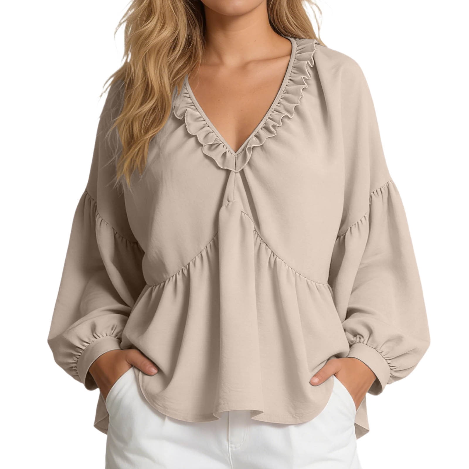 Business Casual Top Women Ruffle Trim Puff Sleeves Elegant Pleated ...