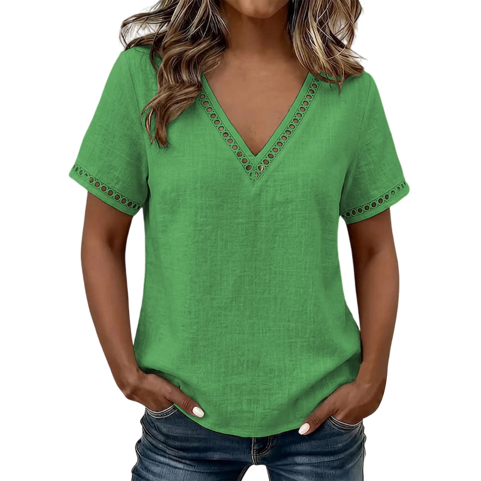 Business Casual Top Women Short Sleeve Floral Lace Trim Unique Yoke ...