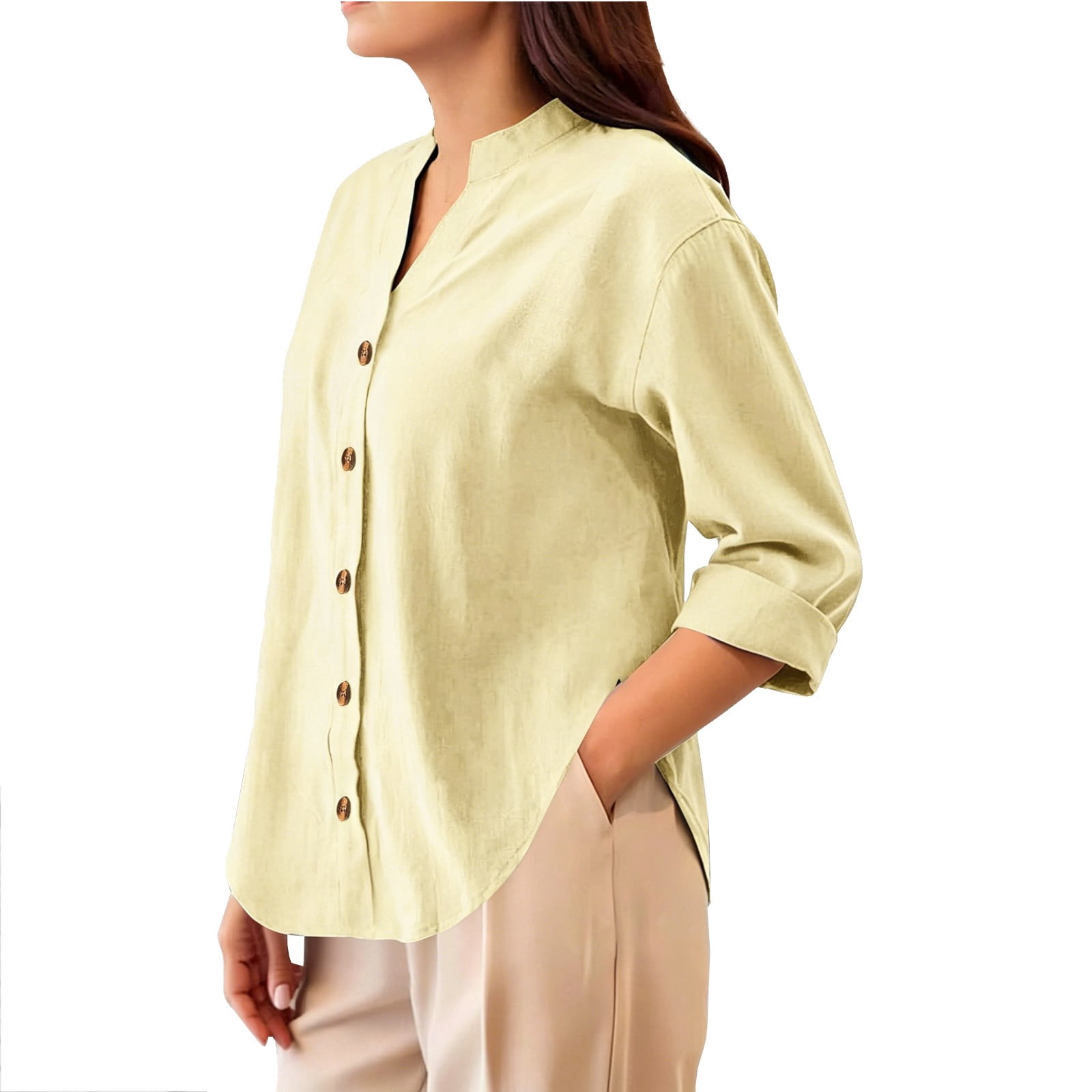 Business Casual Top Women Solid Color Collar Button Front Cottonblend ...