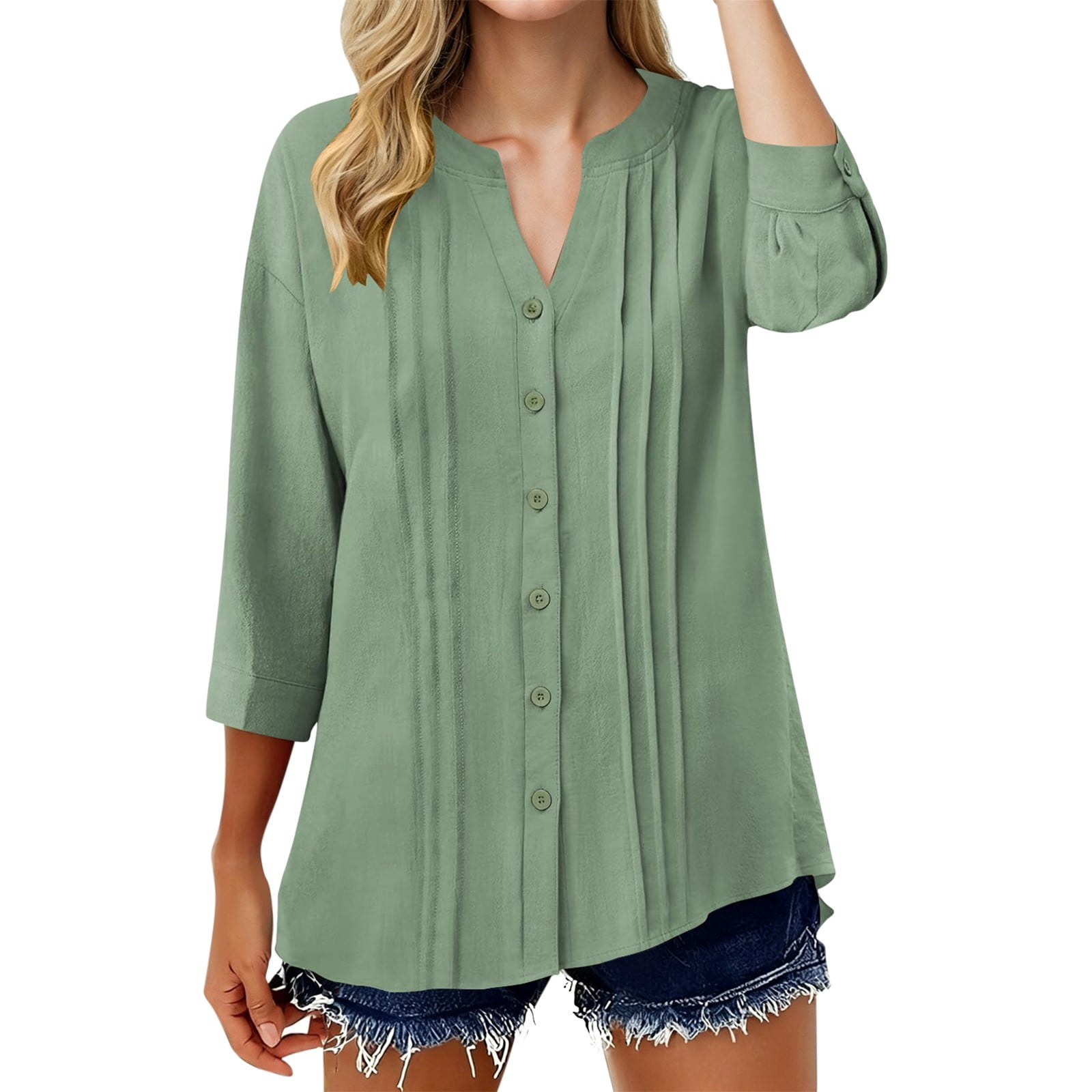 Business Casual Top Women Solid Color Half Collared Button Pleated ...